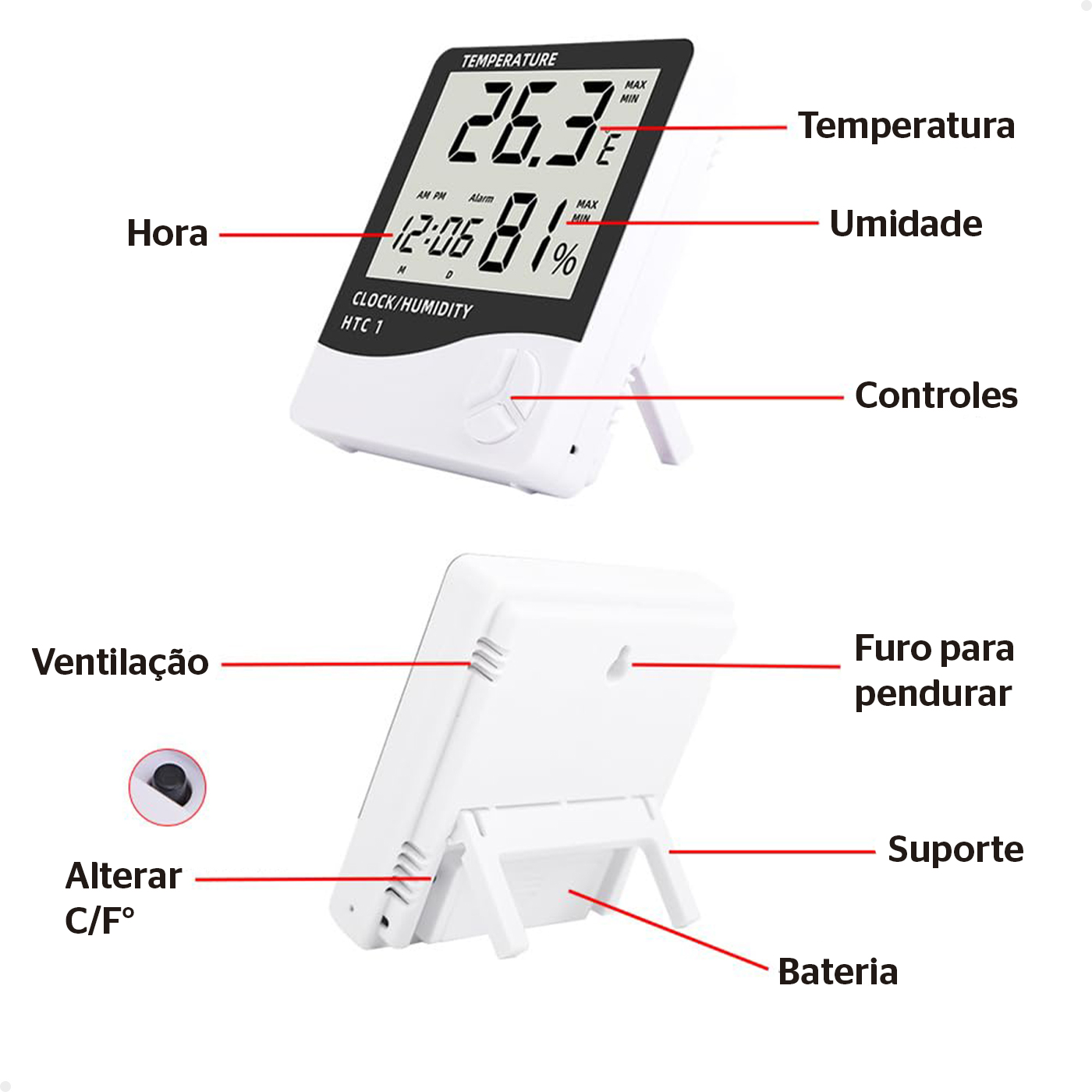 Termo-Higrômetro Digital LCD emperatura Umidade Relógio Alarme - Lorben