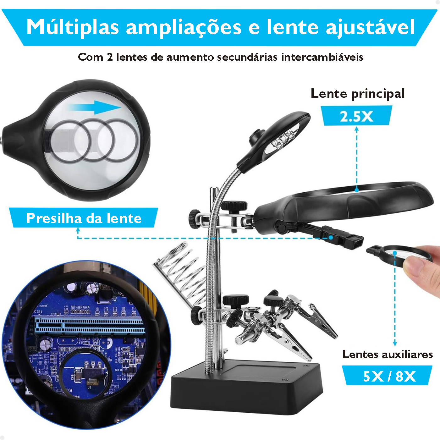 Lupa de Mesa Bancada com Garras Lorben Iluminação 5 Led Fonte Bivolt ...