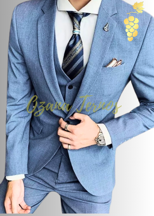 Terno slim azul Jeans com colete - Ozana ternos