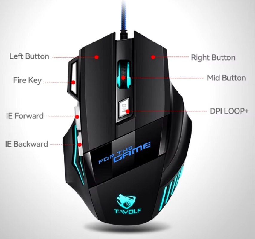 Mouse Gamer USB T-Wolf 3200 DPI 7 Botões e Leds RGB - RIKATECH