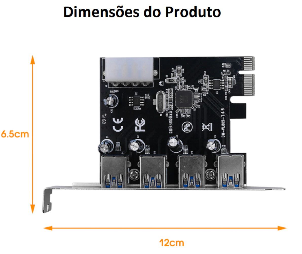 Placa Expansora USB 3.0 Pci-Ex com 4 portas para PCs e Desktops - RIKATECH