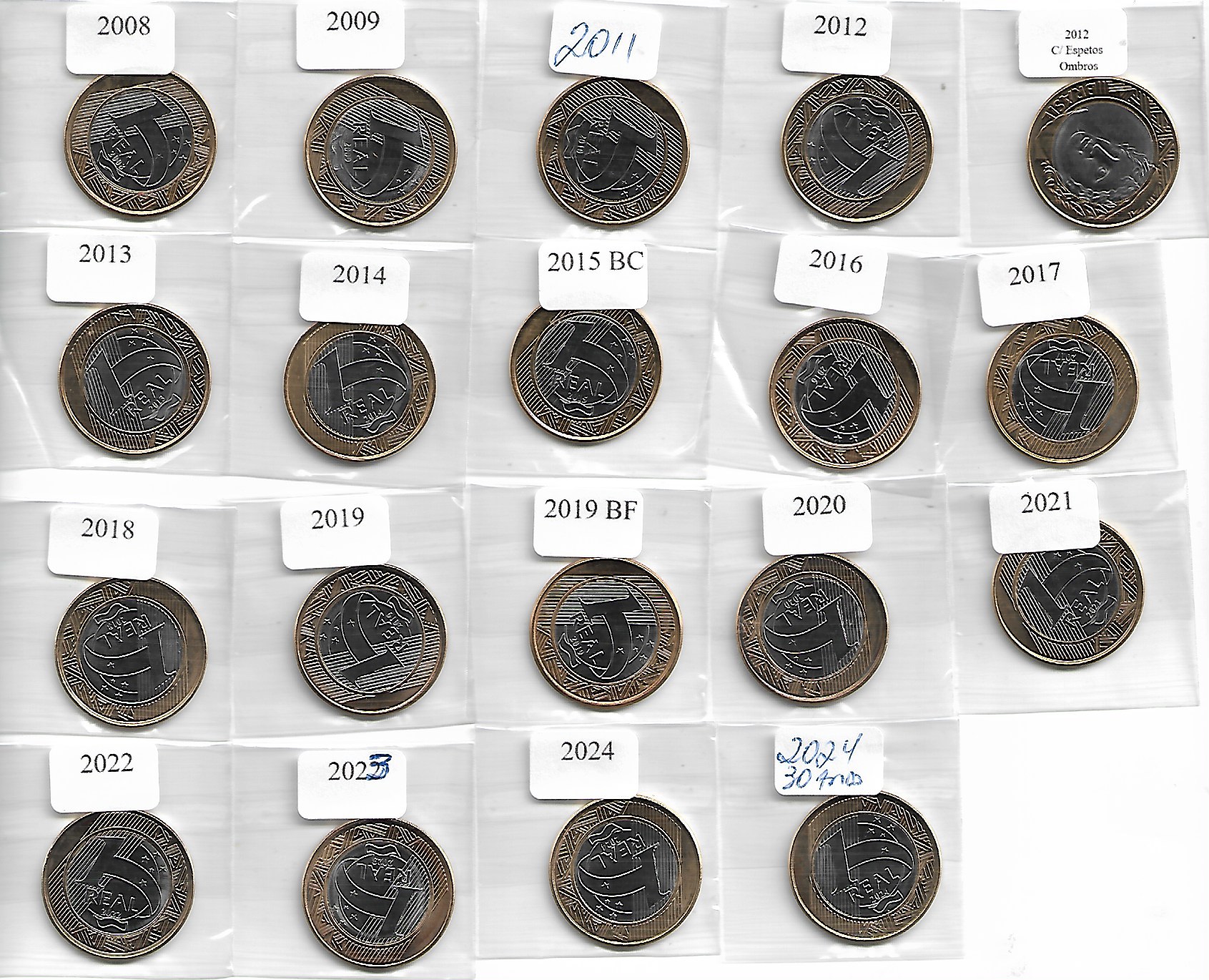 19 moedas de 1 Real com datas entre 2008 a 2024 Todas FC - Vera Cruz ...