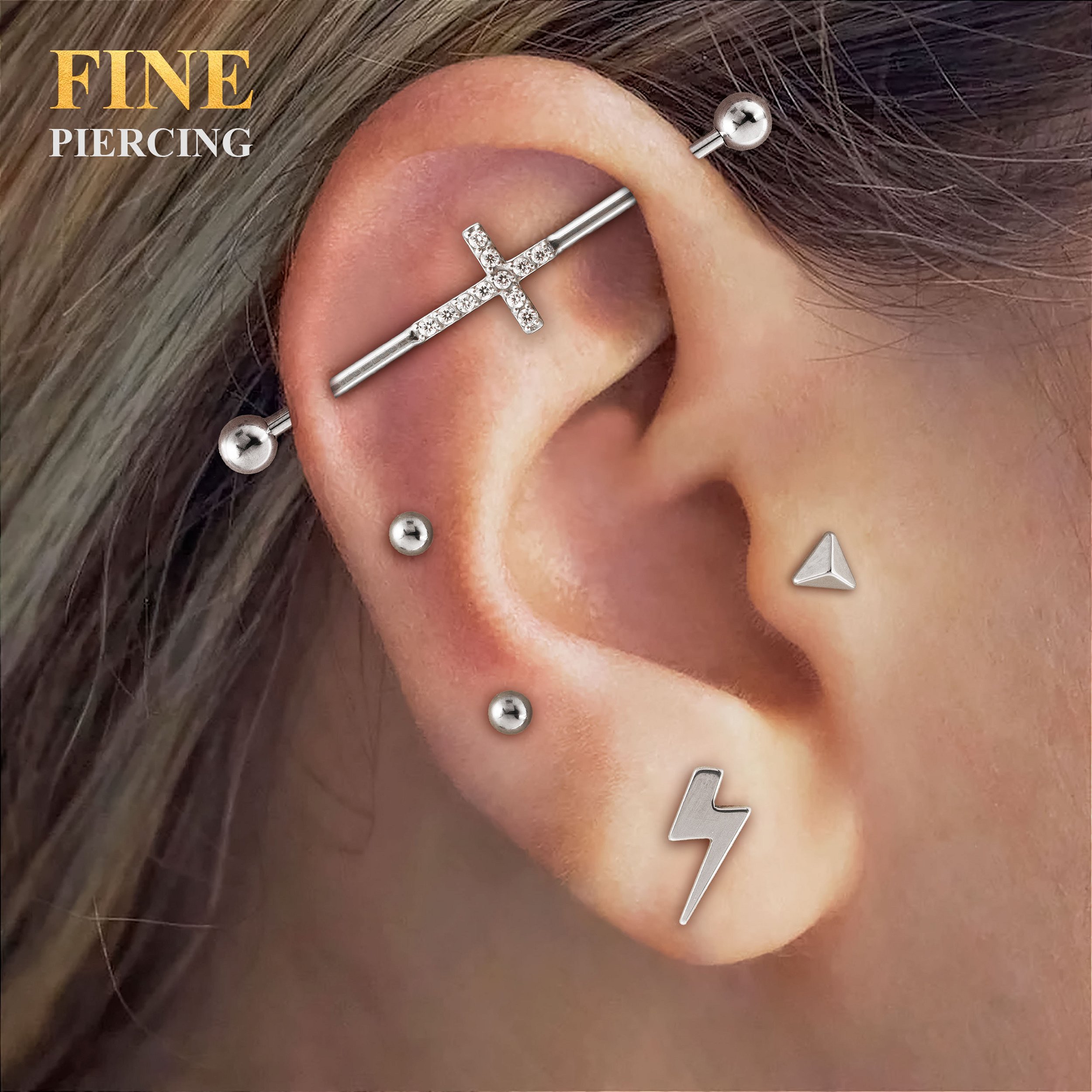 Piercing Transversal de Aço Cirúrgico com Cruz Cravejada - Fine Piercing