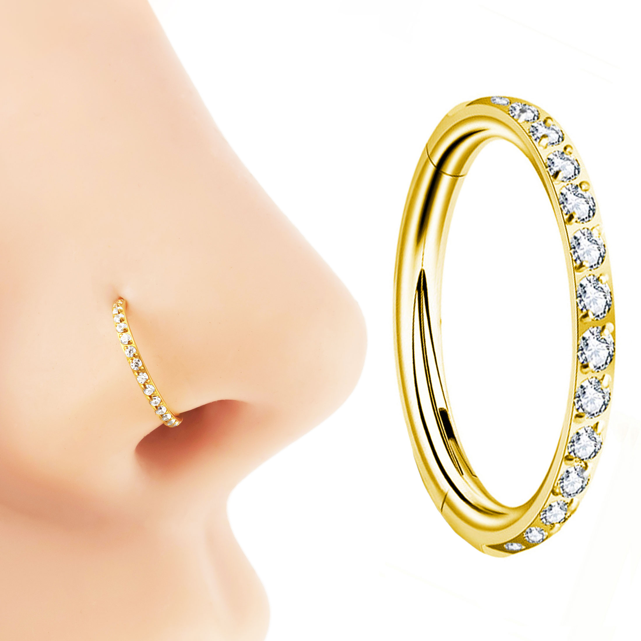 Piercing De Nariz Argola Cravejada Em Titânio Dourada Fine Piercing