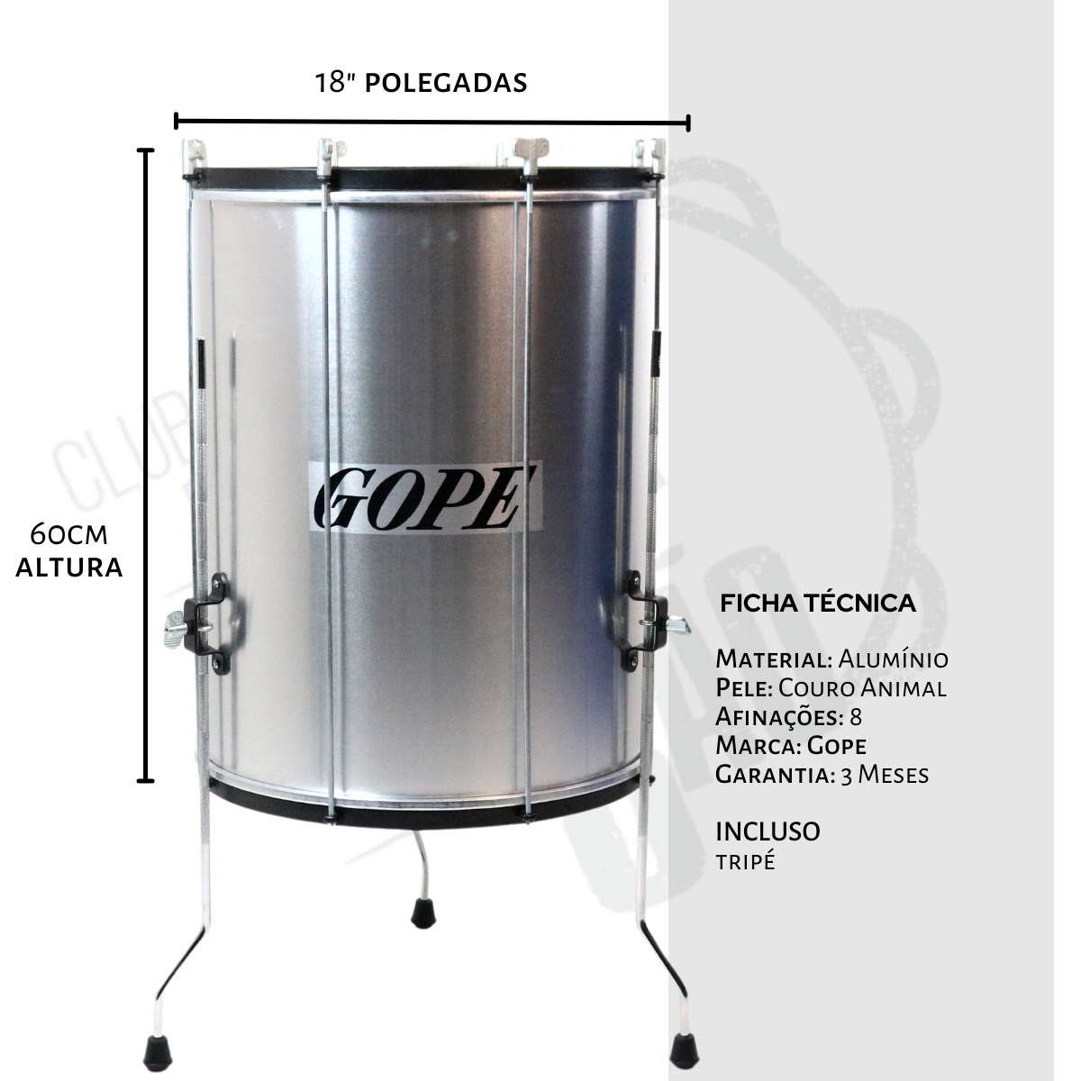 Surdo Gope 18" 60cm Alumínio Aro Epoxi c/ Tripé - Clube da Percussão ...