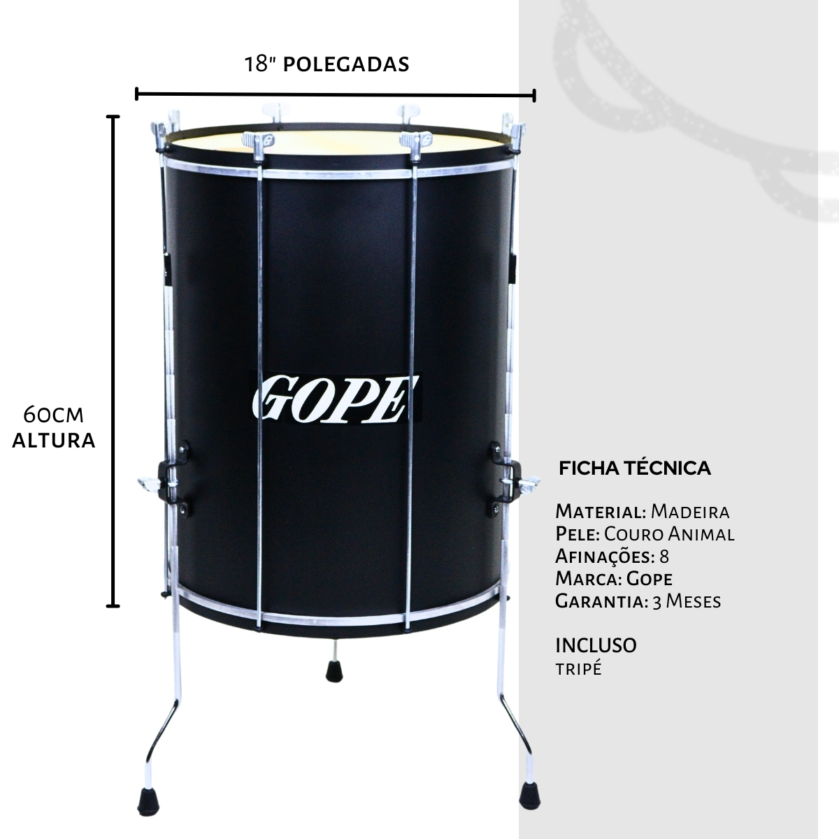 Surdo Gope 18" 60cm Preto Madeira com Tripé #BoraBatucar - Clube da ...