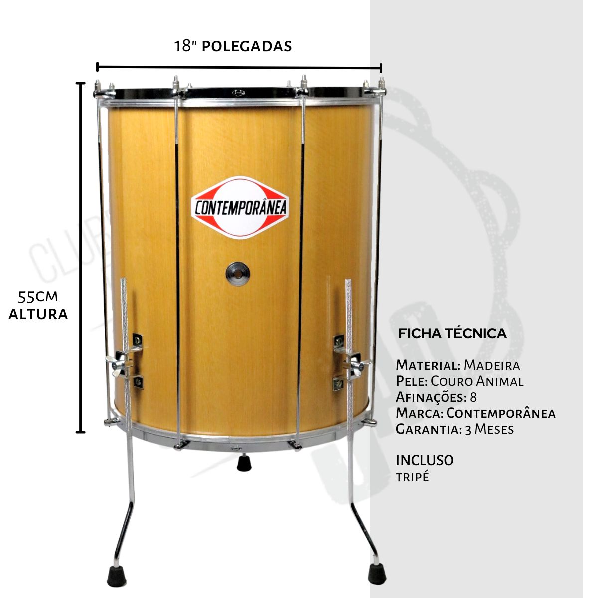 Surdo Contemporânea 18"55cm Madeira Verniz c/ Tripé - Clube da Percussão | Instrumentos e ...