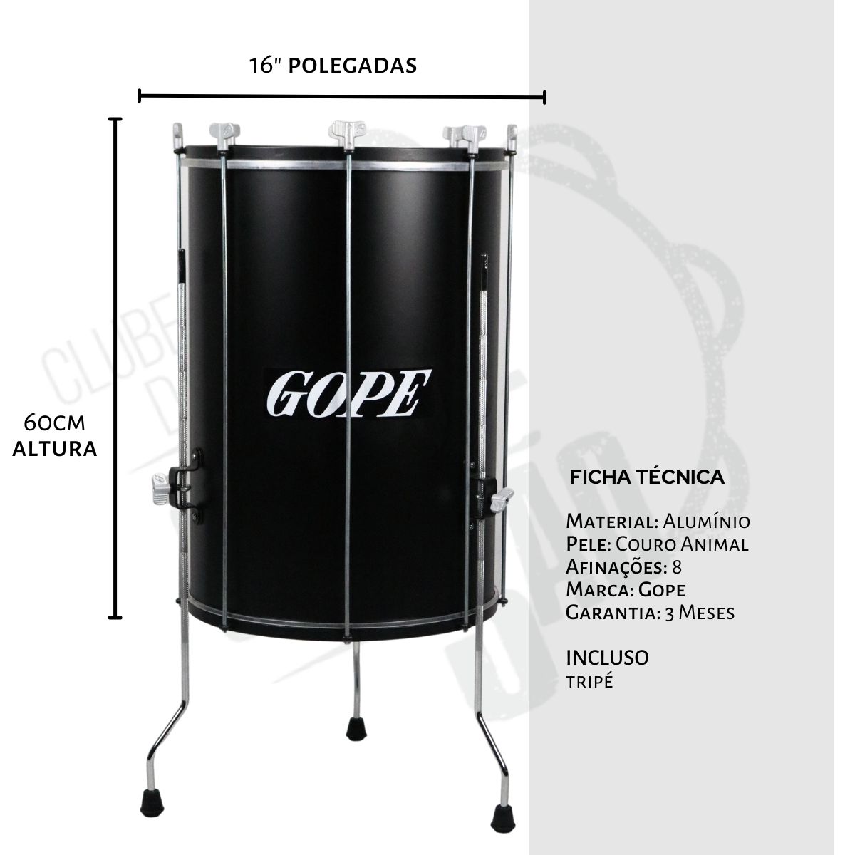 Surdo Gope 16" 60cm Preto c/ Tripé Alumínio - Clube da Percussão ...