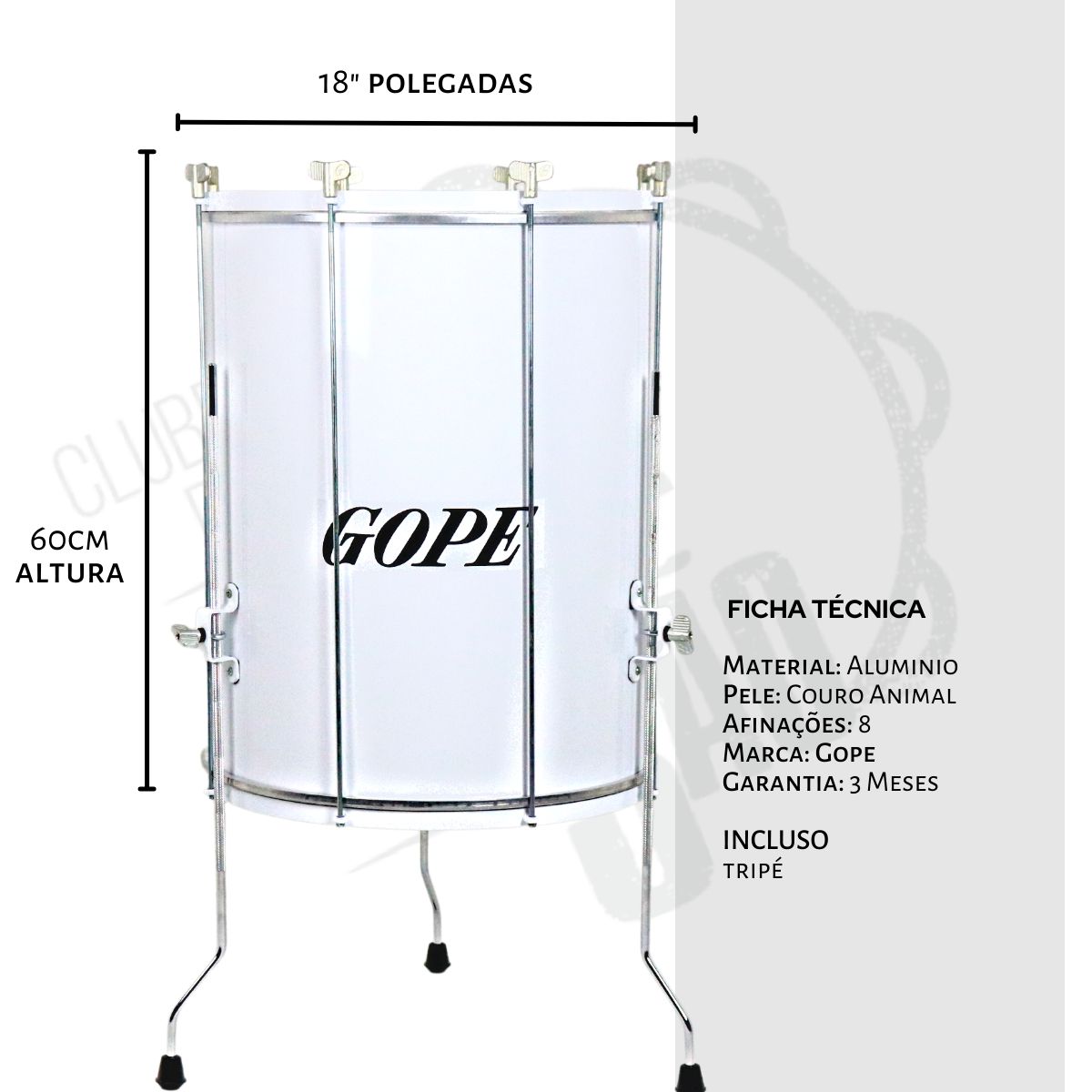Surdo Gope 18" 60cm Branco c/ Tripé Alumínio - Clube da Percussão ...