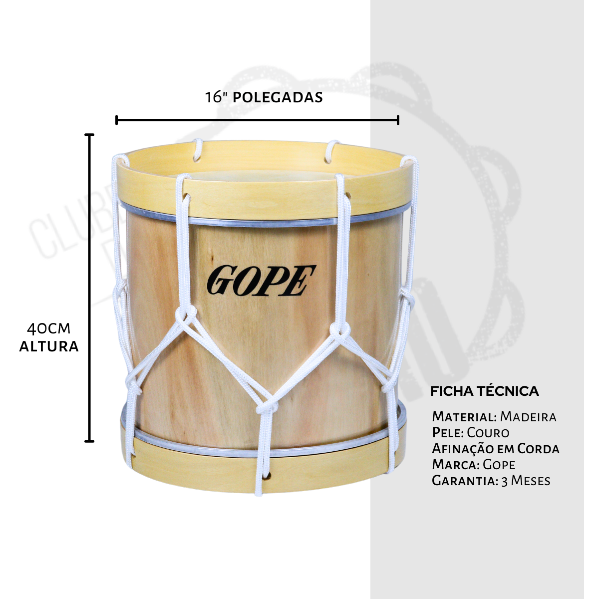 Tambor Alfaia Gope 16" 40cm Madeira Corda Maracatu - Clube da Percussão ...