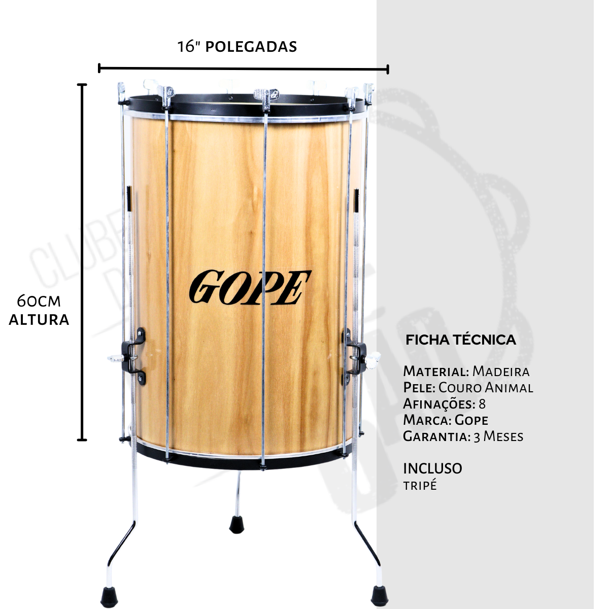 Surdo Gope 16" 60cm Madeira Aro Epoxi c/ Tripé - Clube da Percussão ...