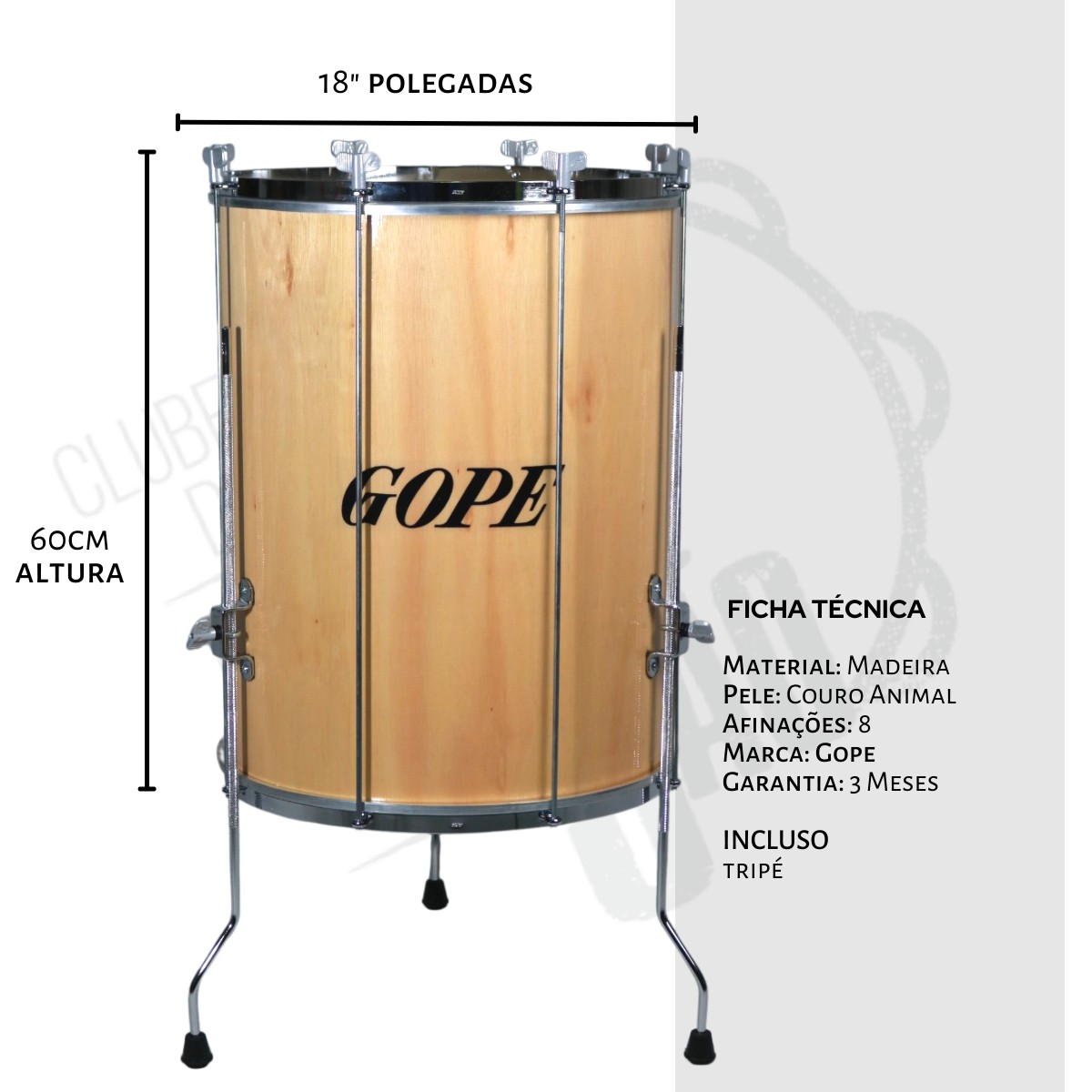 Surdo Gope 18" 60cm Madeira Aro Cromado com Tripé - Clube da Percussão ...
