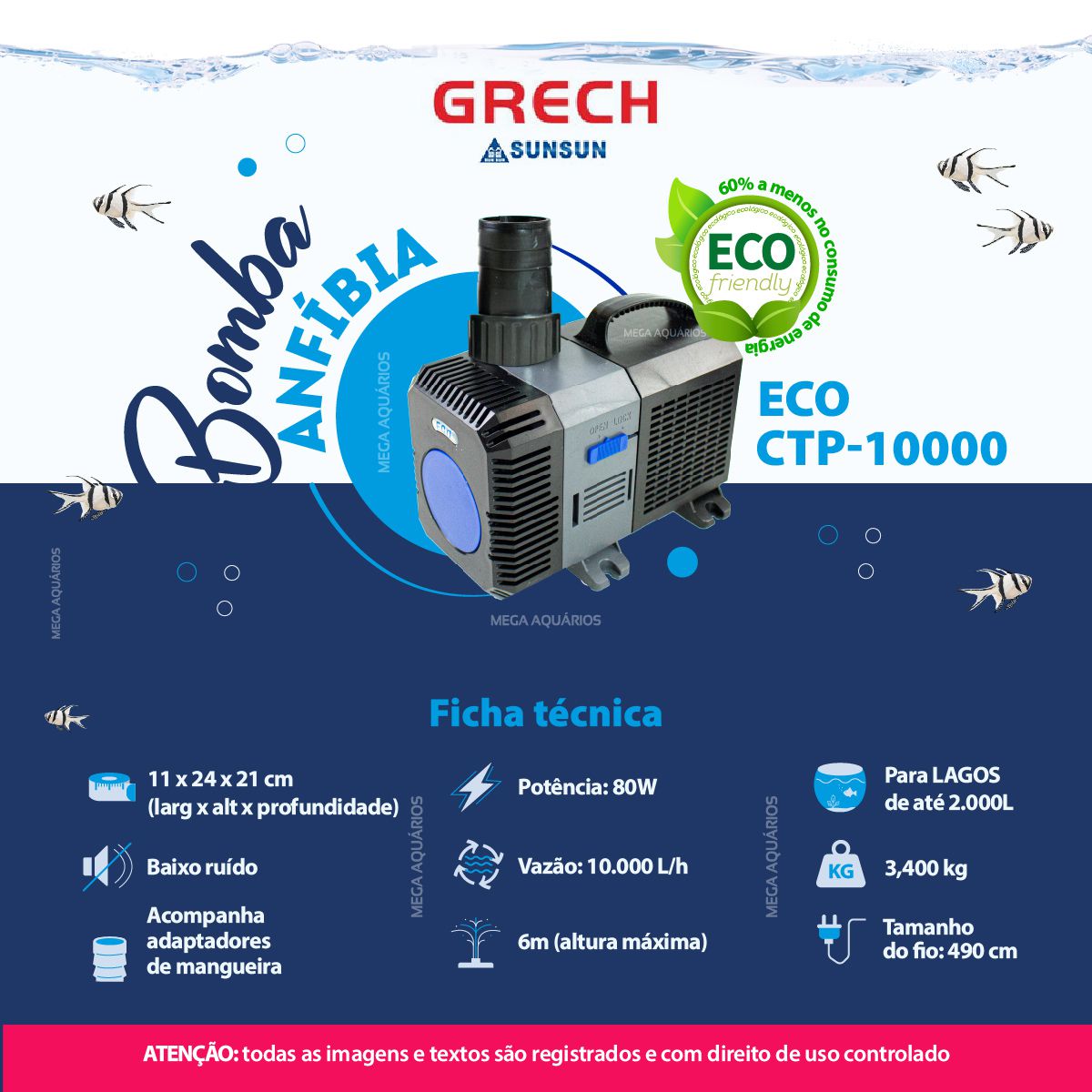 Bomba água aquário lago SunSun Grech CTP-10000 10000 L/h anfíbia - Mega ...