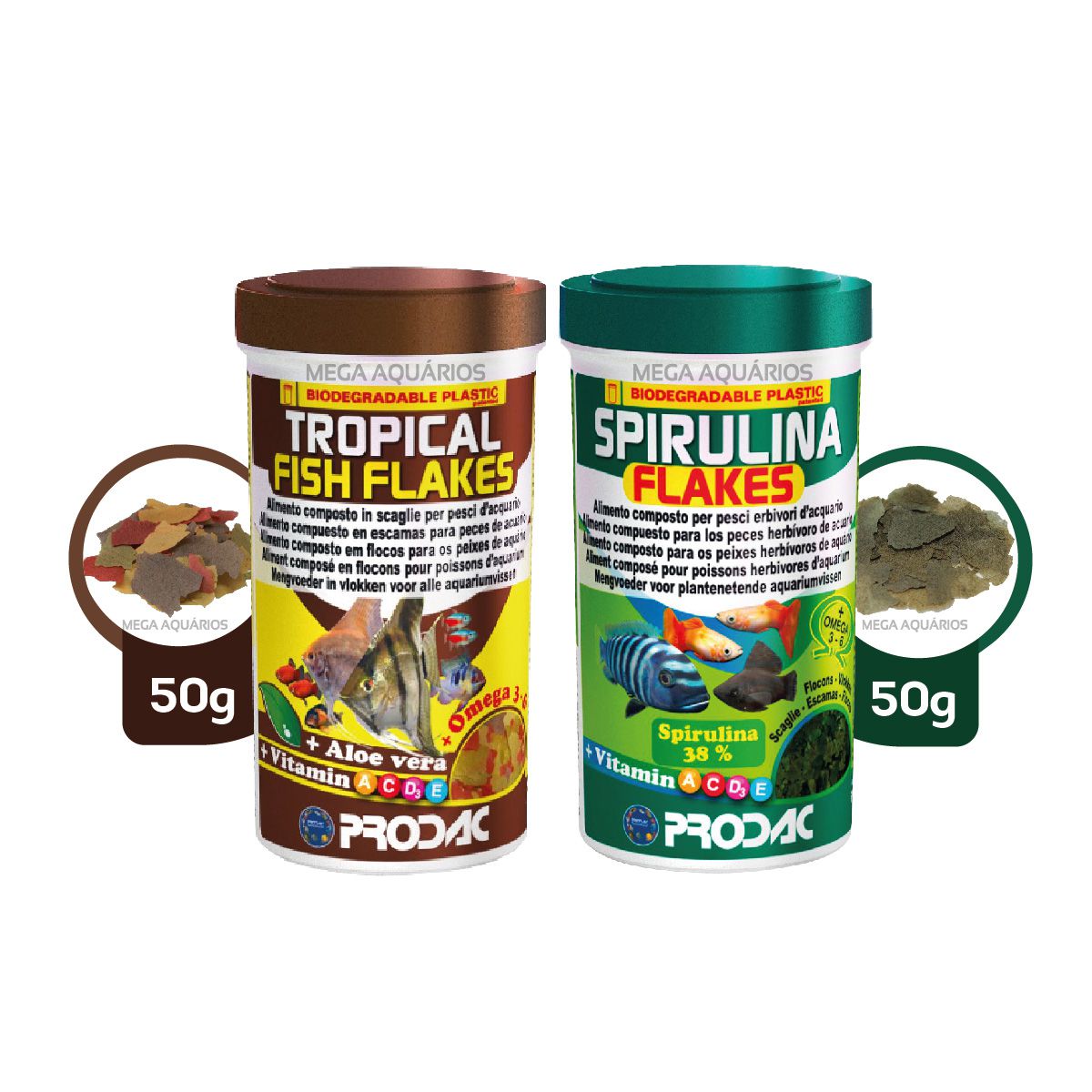 Kit Ração peixes Prodac Tropical Fish + Spirulina Flakes - Mega Aquários