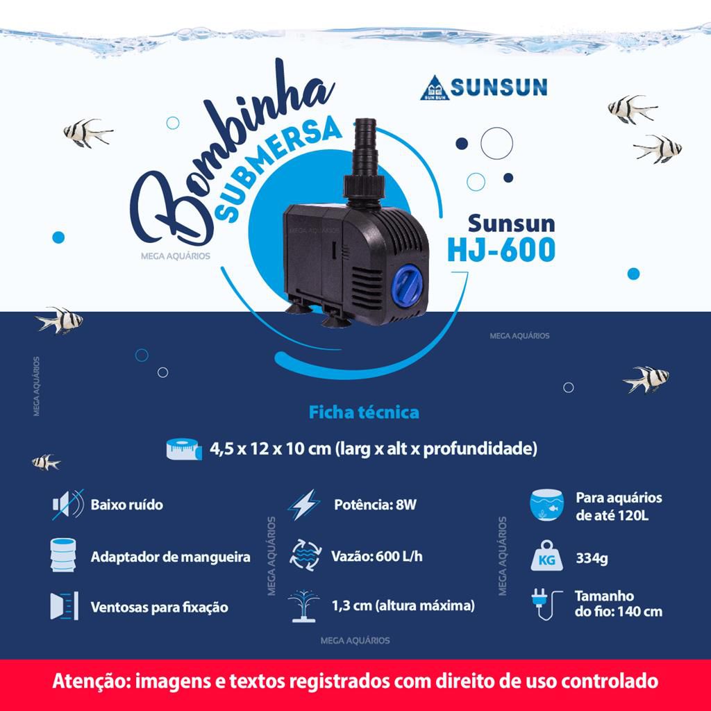 Bomba submersa Sunsun HJ-600 600Lh Aquário fonte água - Mega Aquários