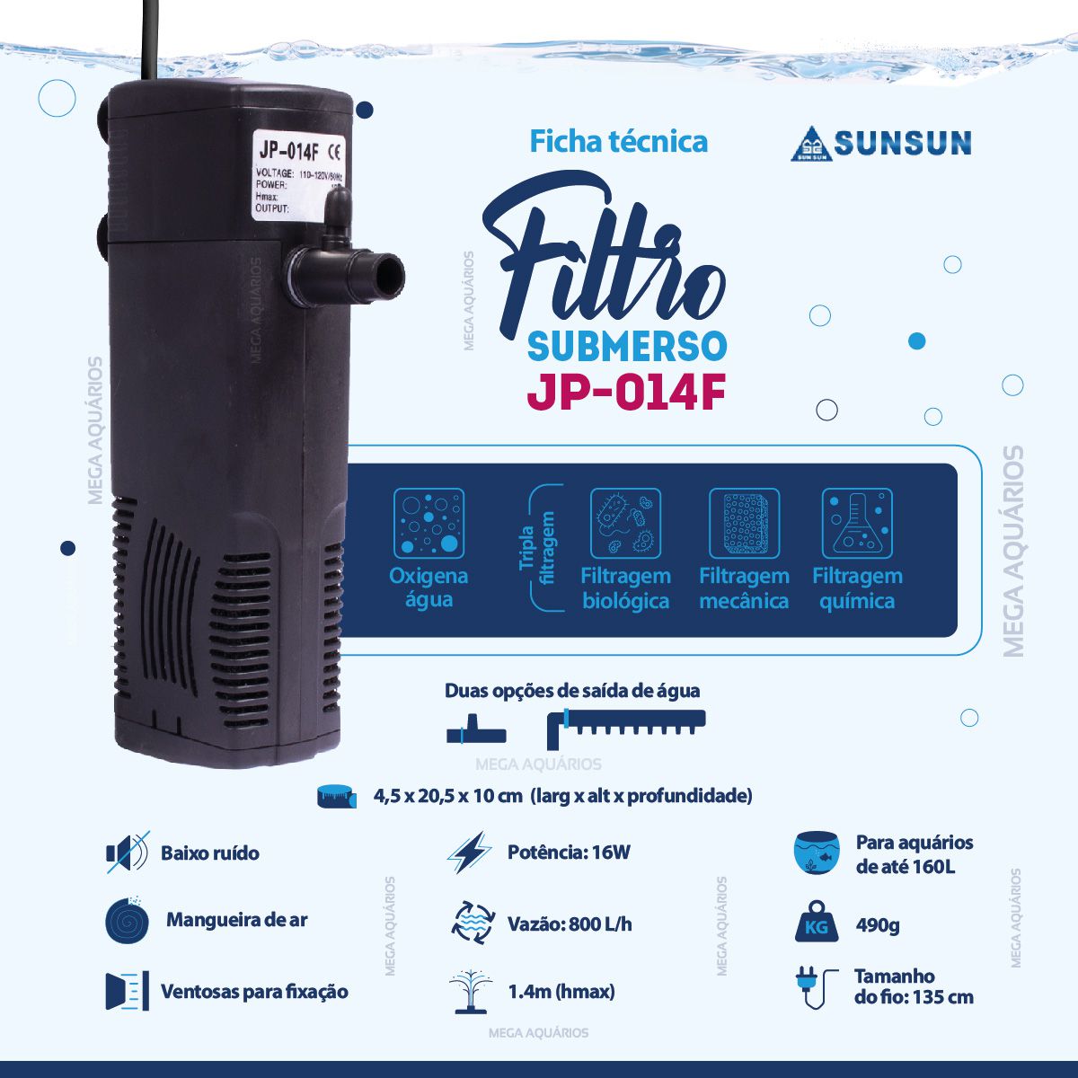 Filtro sunsun submerso interno aquário JP-014 F 800l/h - Mega Aquários