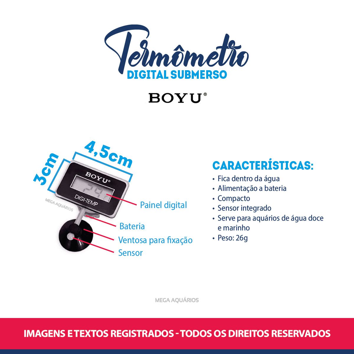 Termômetro digital submerso medidor temperatura aquário Boyu BT-10 - Mega Aquários