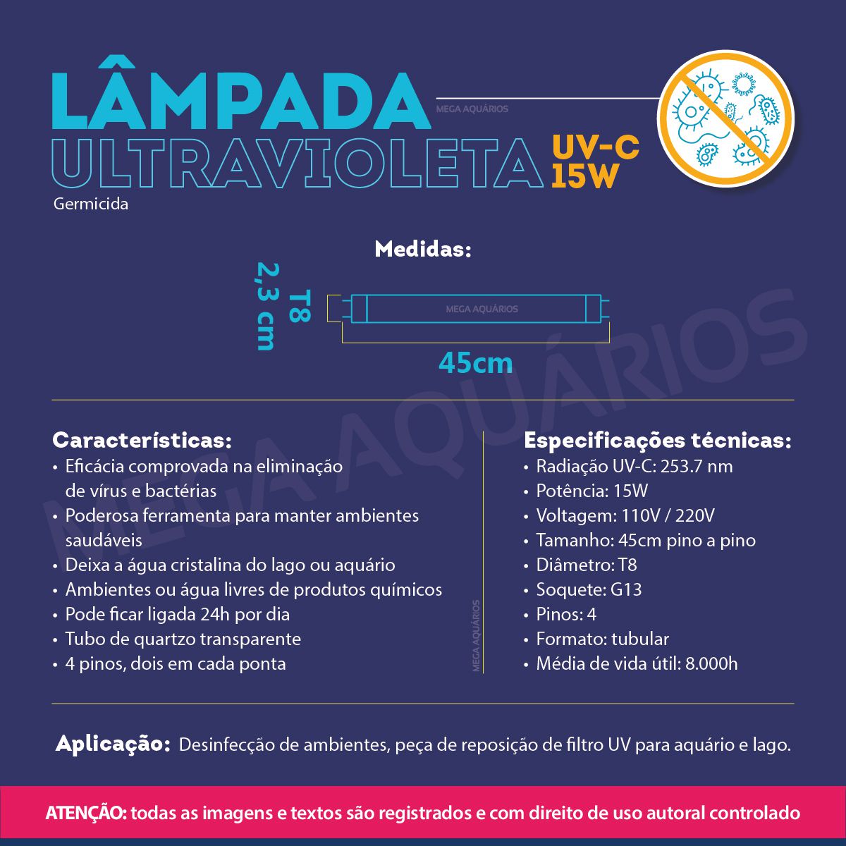 Kit lâmpada UV 15W ultravioleta tubular + reator + soquetes - Mega Aquários