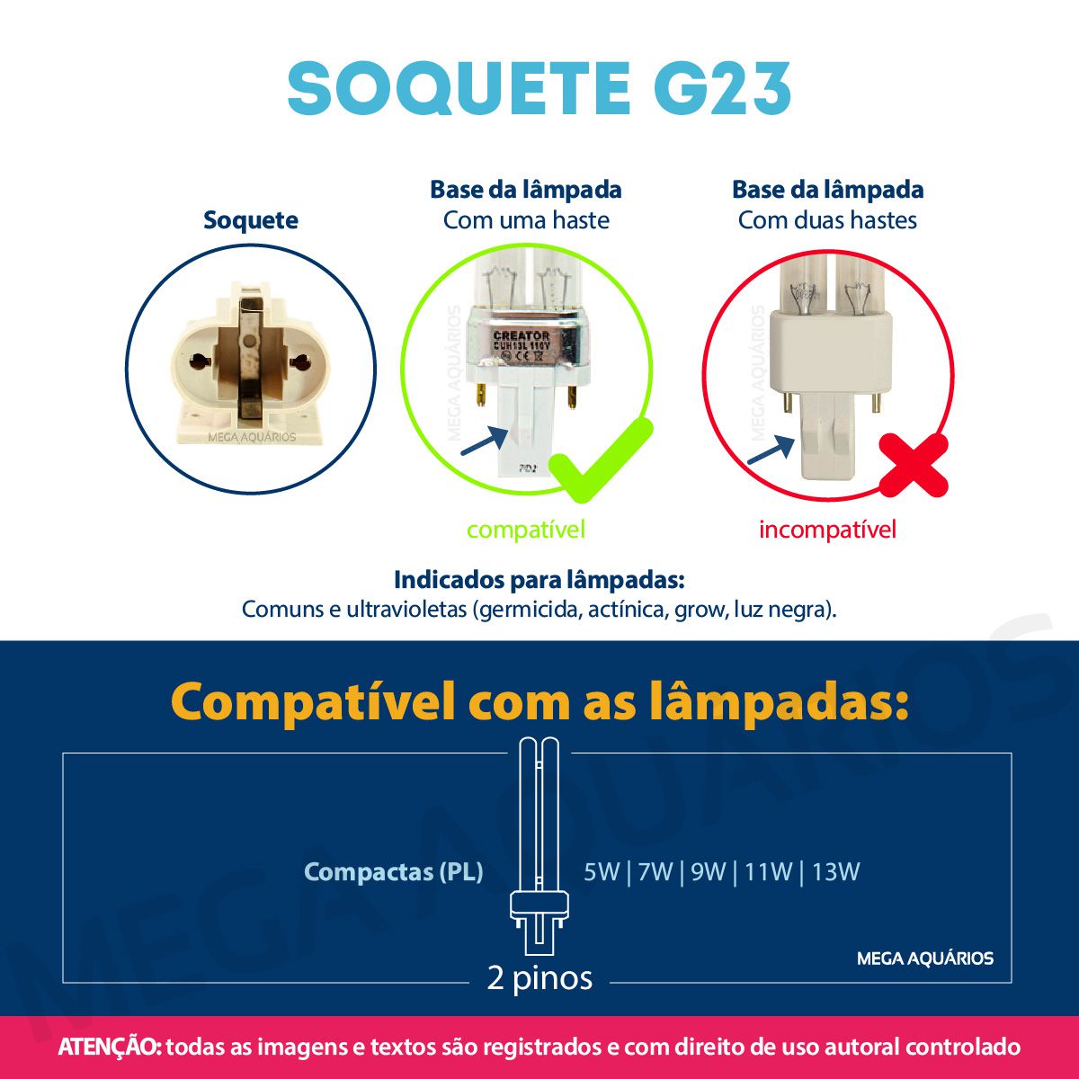 Soquete G23 base tomadinha para lâmpada 2 pinos PL compacta - Mega Aquários