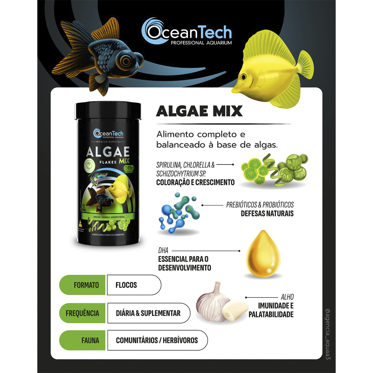 Ração OceanTech Algae Flakes Mix todas espécies 100g - Mega Aquários