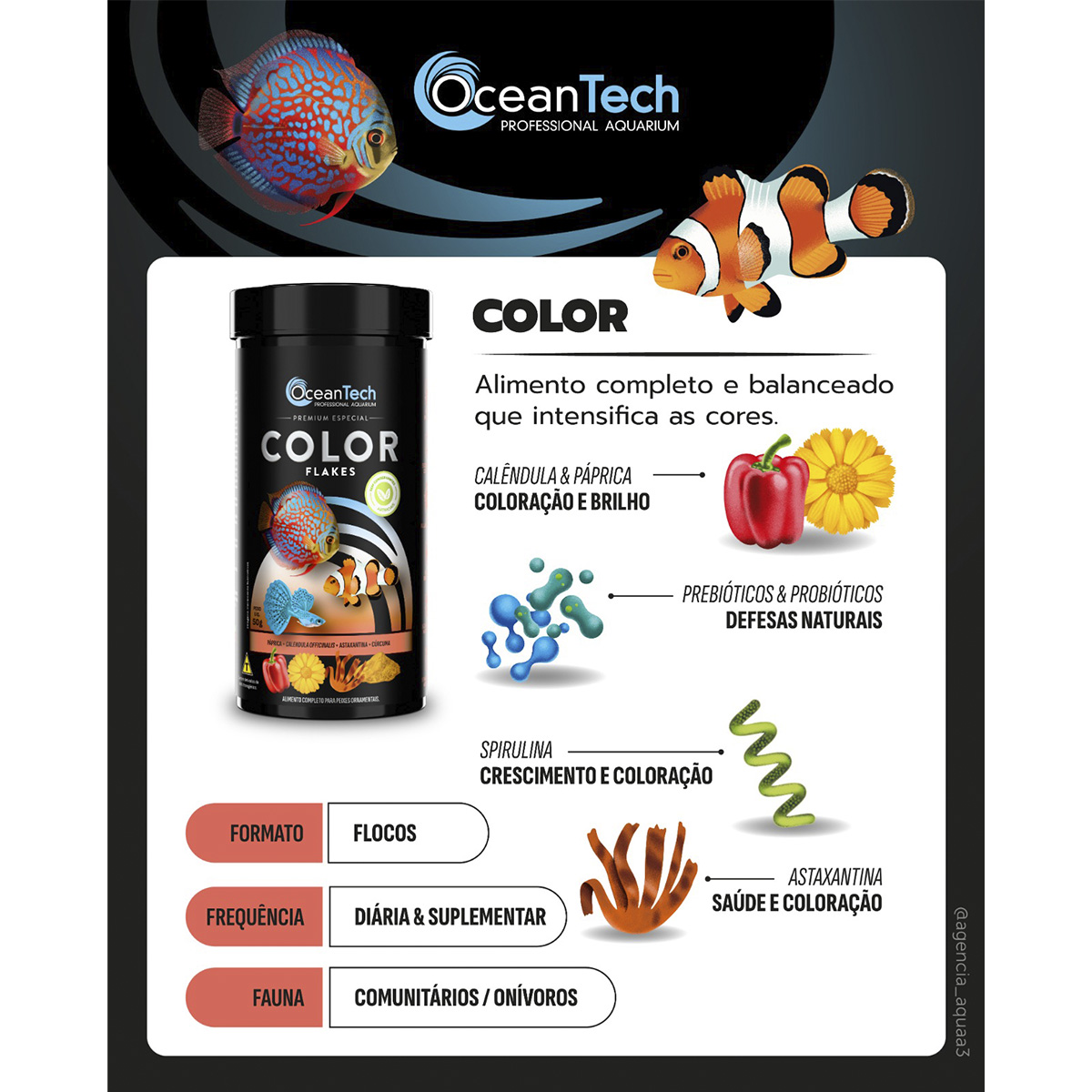 Ração OceanTech Color Flakes todas espécies kit 100g - Mega Aquários