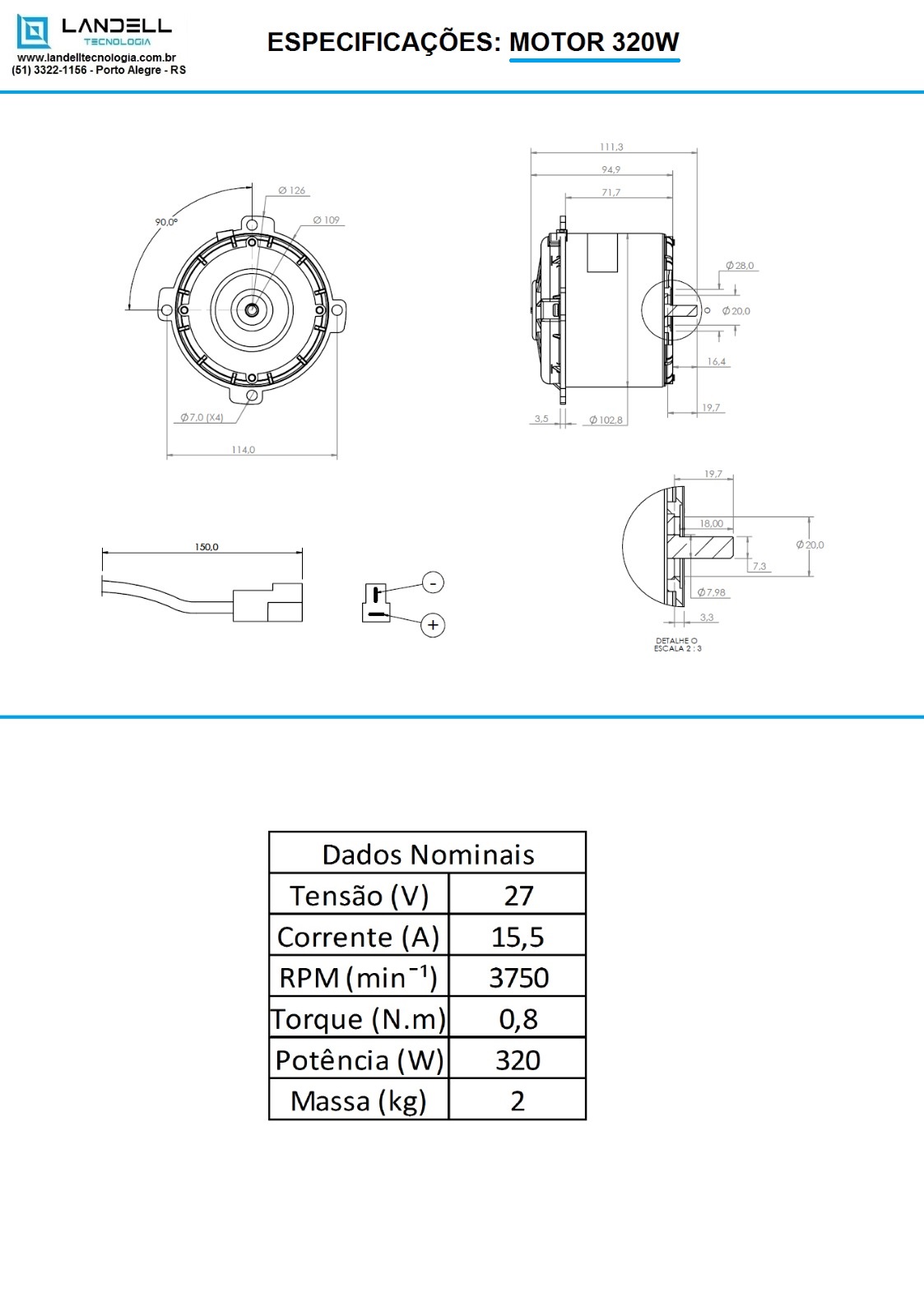 Motor Elétrico DC - 24V 320W - Landell Tecnologia