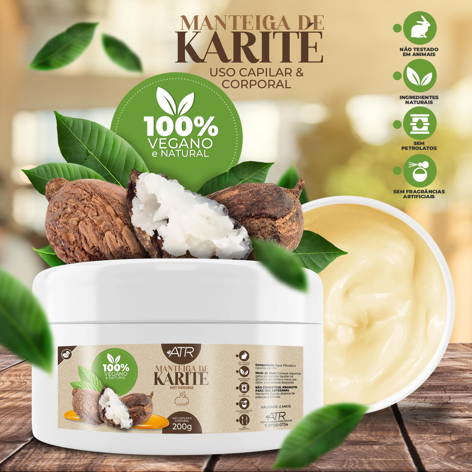 Manteiga Vegetal de Karité Pura 100% Natural 200g - ATR Essências