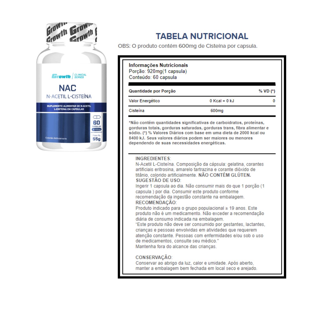 NAC (N-ACETIL L-CISTEÍNA) 60CAPS - GROWTH SUPPLEMENTS - Curitiba ...