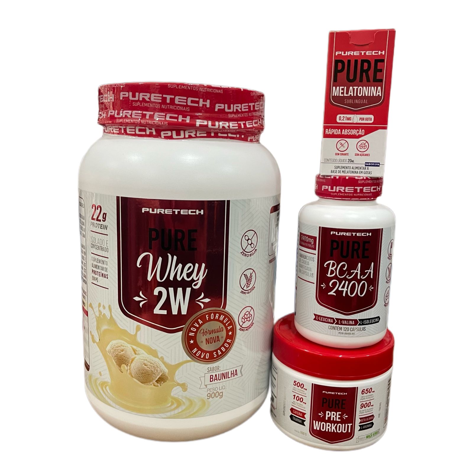 Combo Whey 2w Bcaa PrÉ Treino Melatonina Puretech Heavy