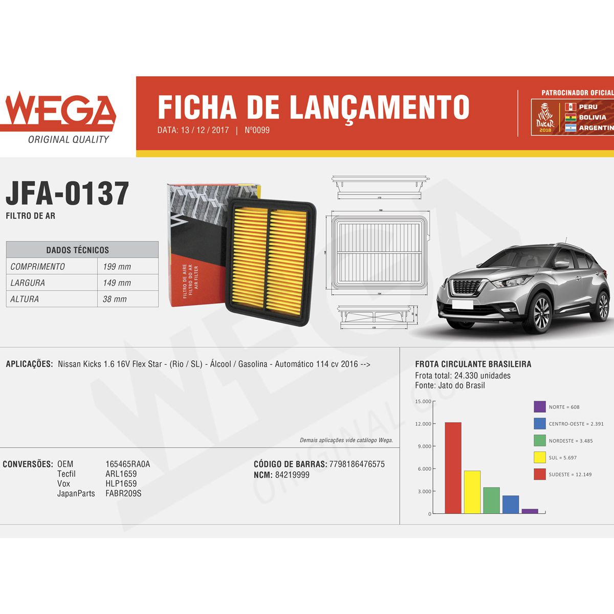 Filtro De Ar Do Motor Wega Nissan Kicks 1.6 Flex Pcd 2016 - 2022 - Sua ...