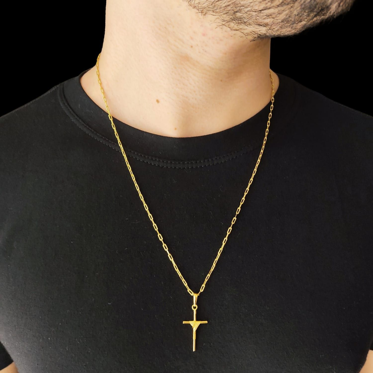 Cordão Cadeado Alongado Banhado A Ouro 18k Pingente Cruz Amarrada