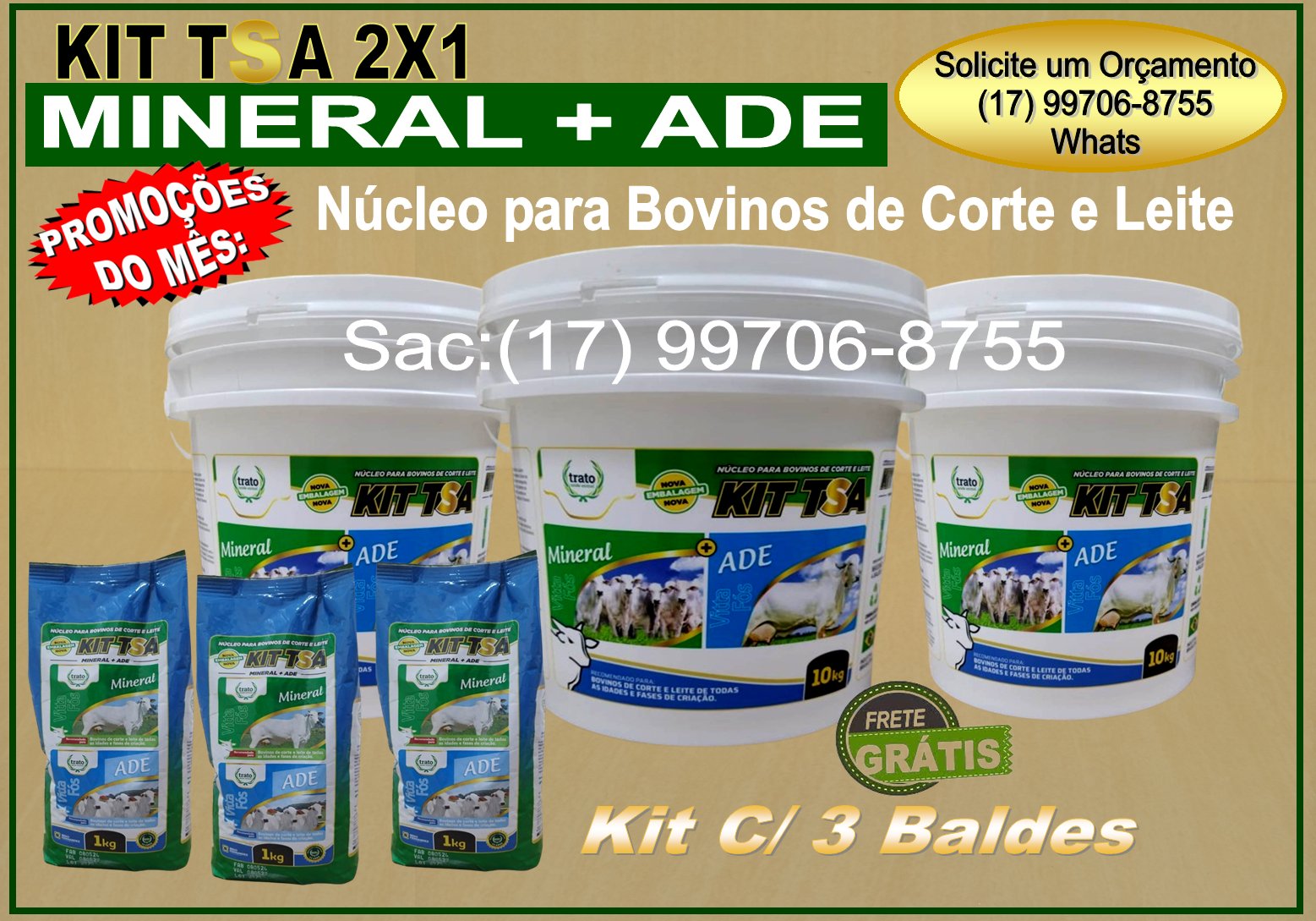 O KIT TSA 2X1 MINERAL + ADE PARA BOVINOS DE CORTE E LEITE - NEL AGRO