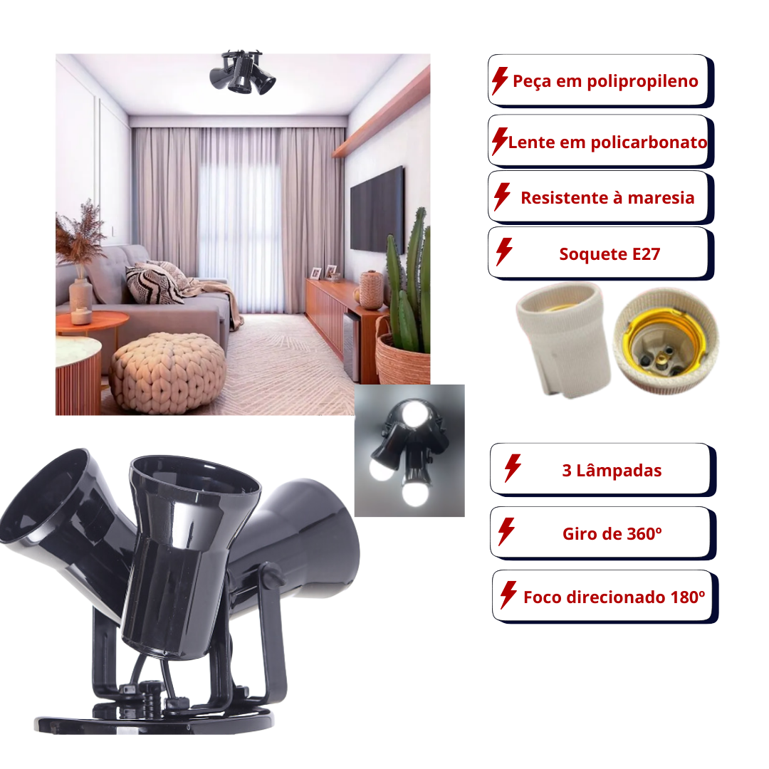 Spot Triplo Articulado Preto SYKALIGHT - Zzat Full Lar e Construção