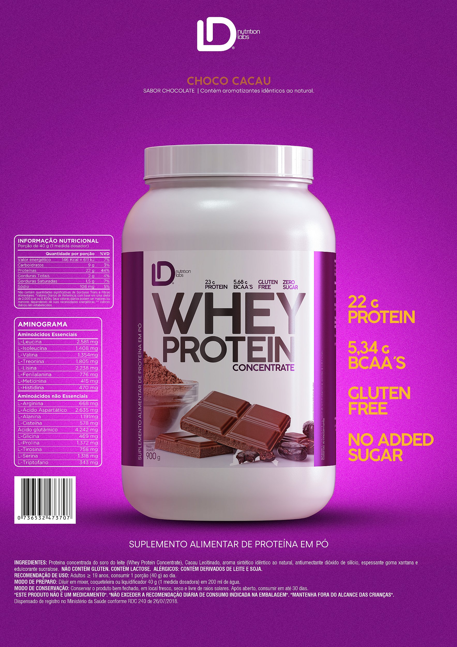 LD WHEY PROTEIN CONCENTRATE 900G - CHOCO CACAU - LD NUTRITION LABS