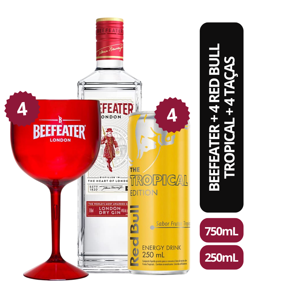 Combo Beefeater + 4 Red Bull Tropical + 4 Taças - Bebida In Box