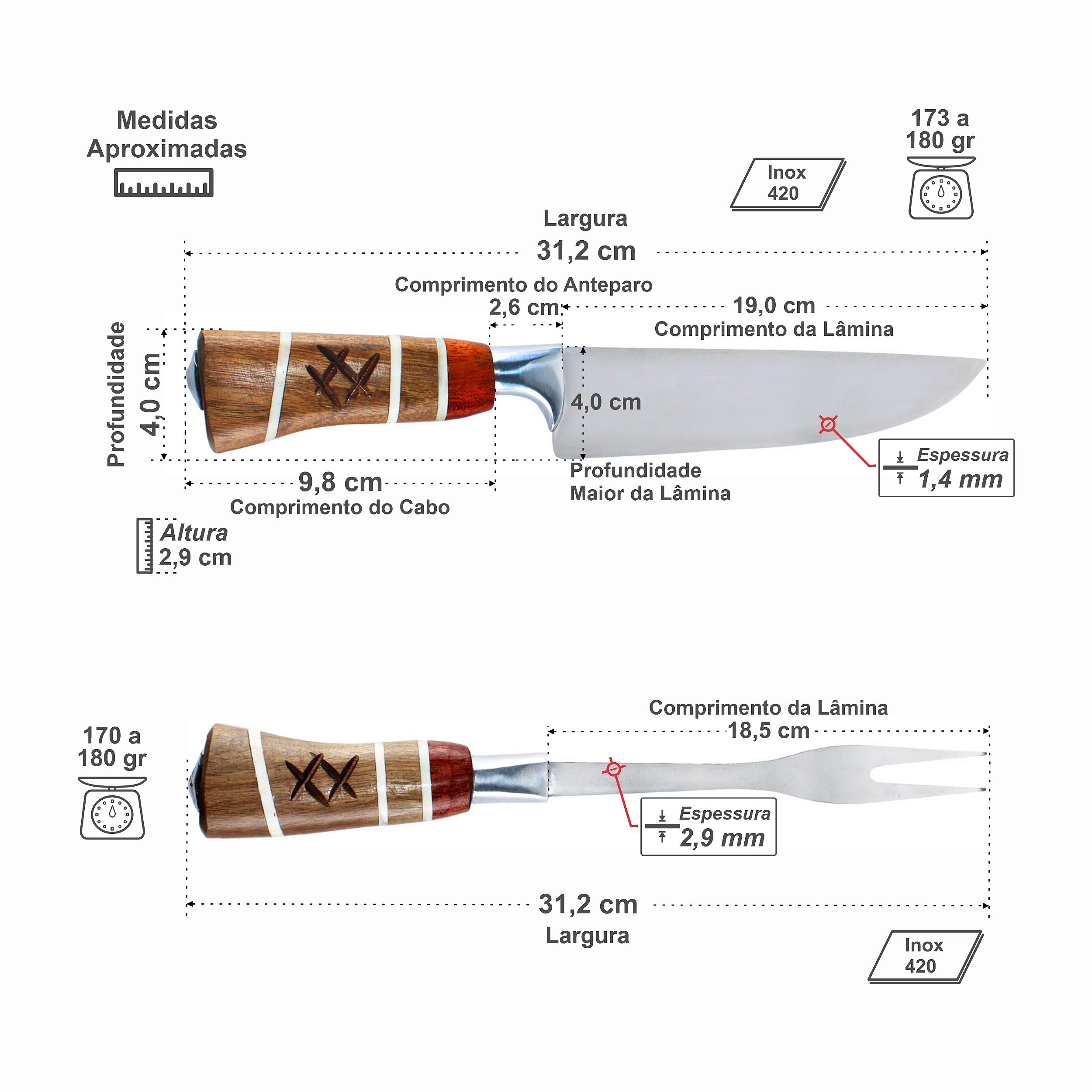 Faca e Garfão Inox Médio 08 Polegadas Exclusive Bainha Couro Liso - Ind ...