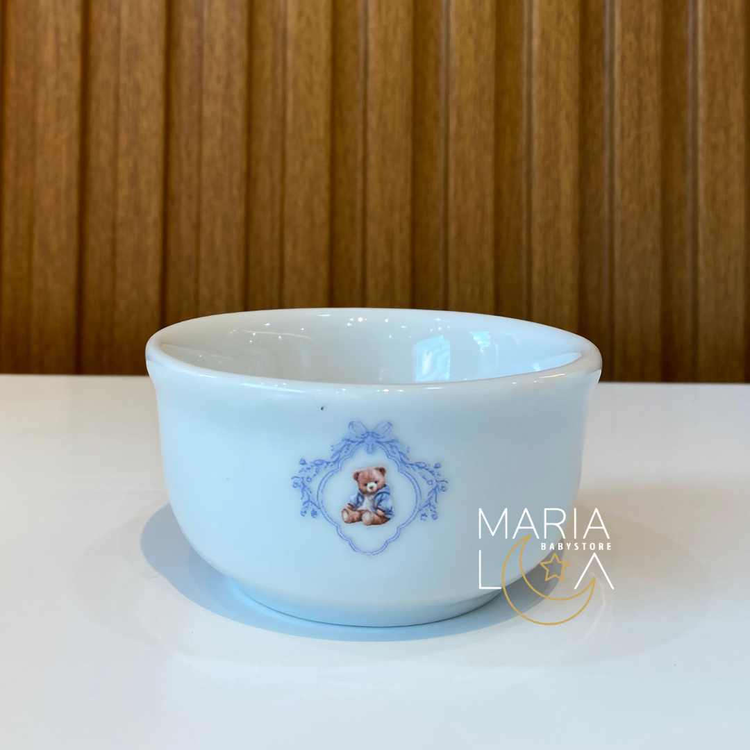 Kit Higiene Bebê Ursinho Azul com Garrafa Térmica – Bandeja Redonda de Porcelana - Maria Lua Baby