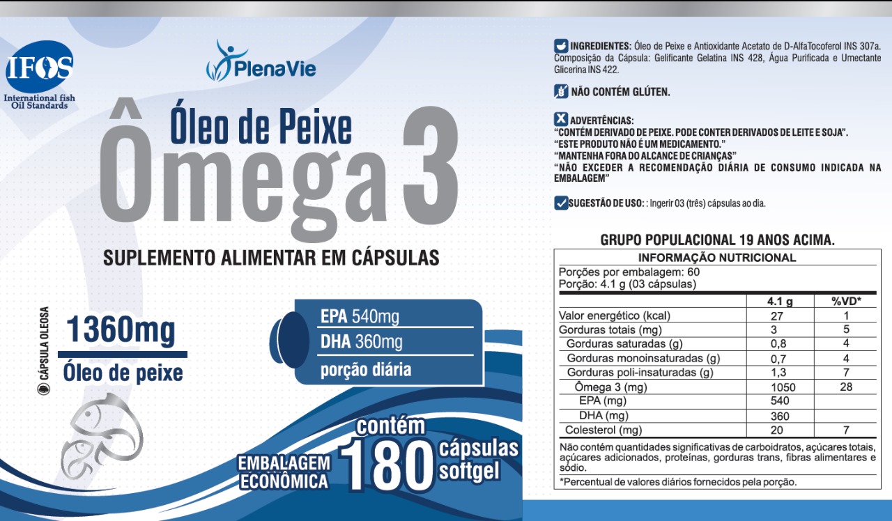 Omega 3 DHA EPA 180 cápsulas 1360mg Frasco Econômico - PlenaVie - PlenaVie|Suplementos Vitaminas ...