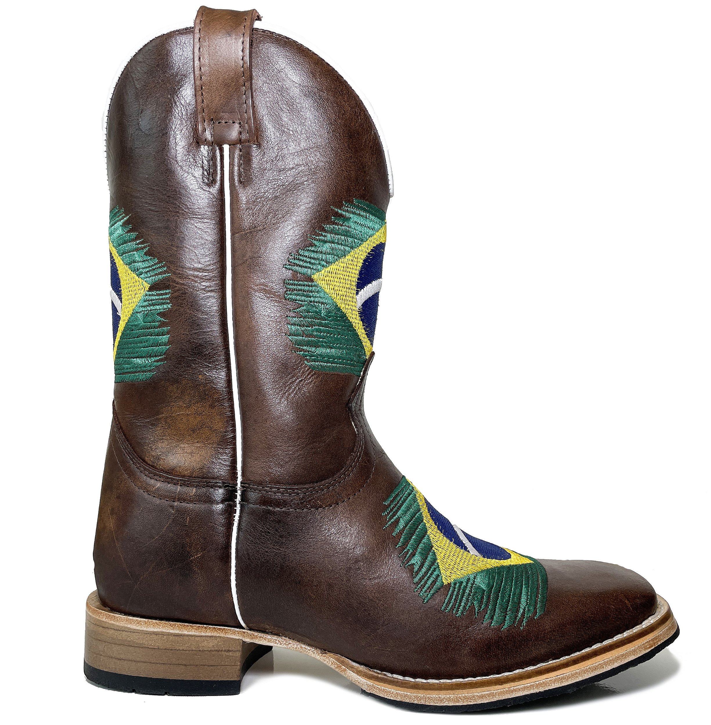 Bota Texana Touro Sentado Bandeira Brasil Sola de Couro Bico Quadrado - Bruto Botas