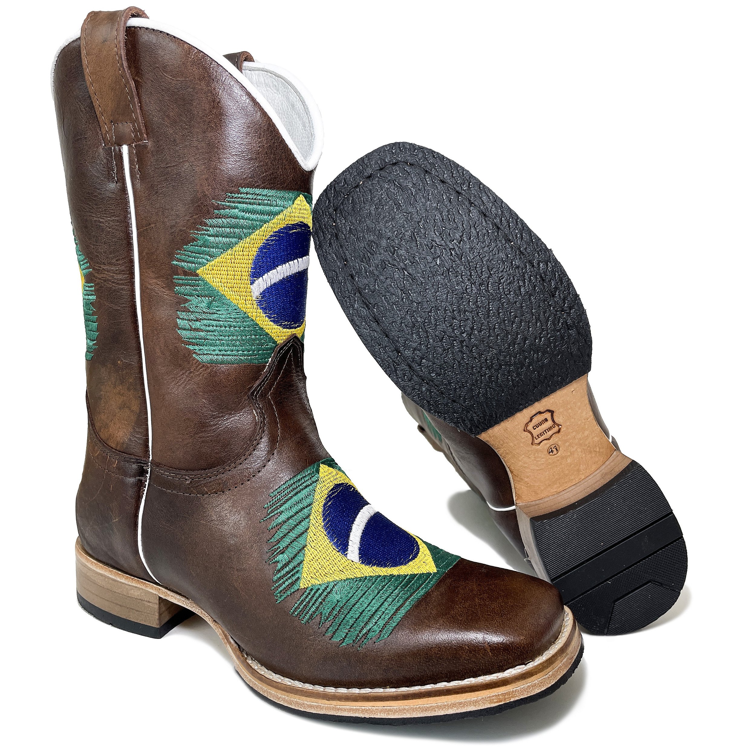 Bota Texana Touro Sentado Bandeira Brasil Sola de Couro Bico Quadrado - Bruto Botas