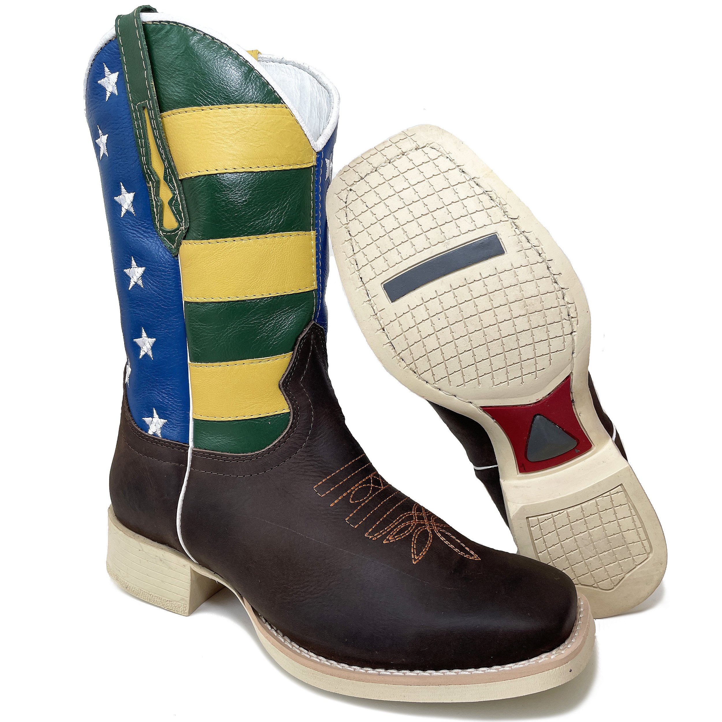 Bota Texana Bandeira do Brasil Sola Marfim Bico Quadrado em couro - Bruto Botas