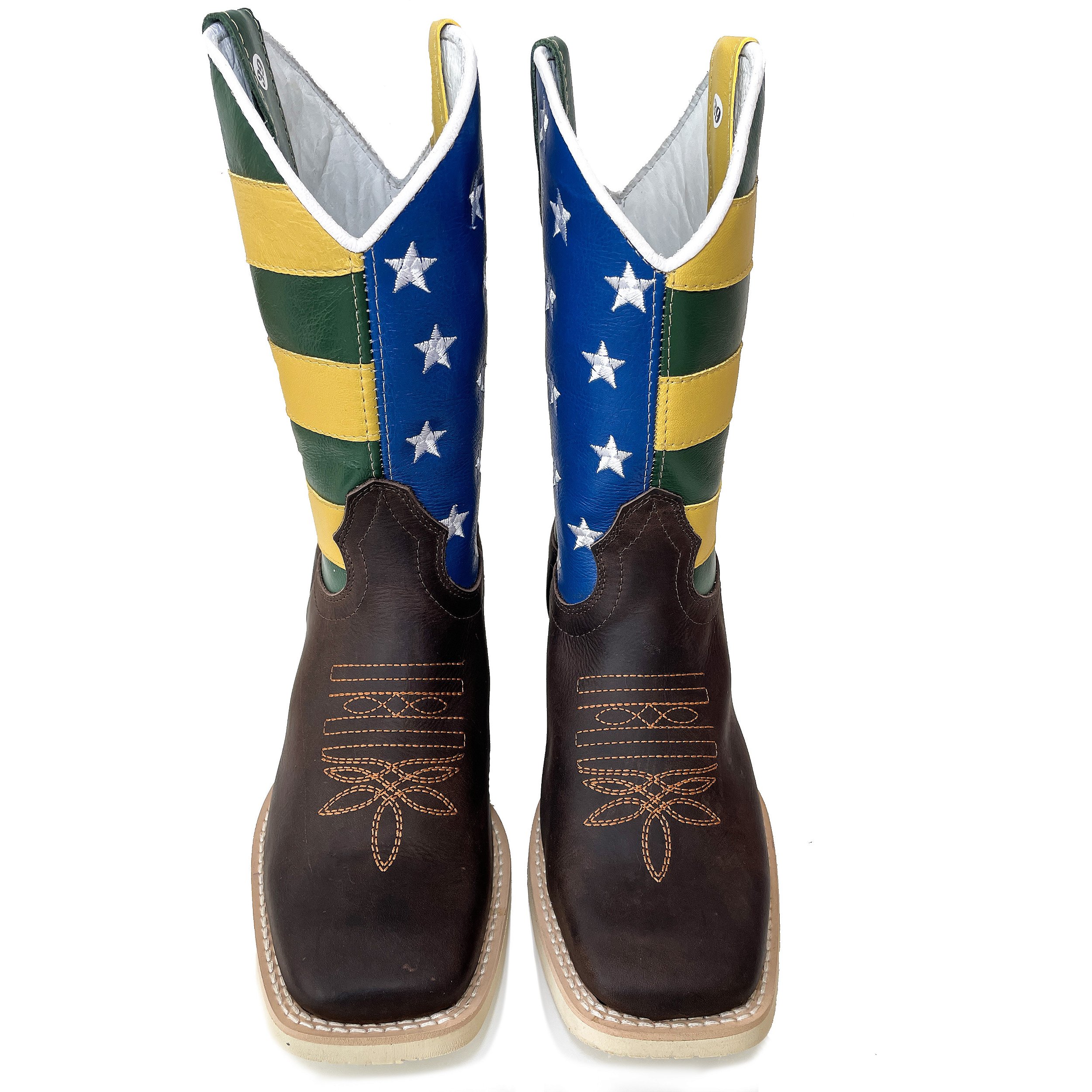 Bota Texana Bandeira do Brasil Sola Marfim Bico Quadrado em couro - Bruto Botas