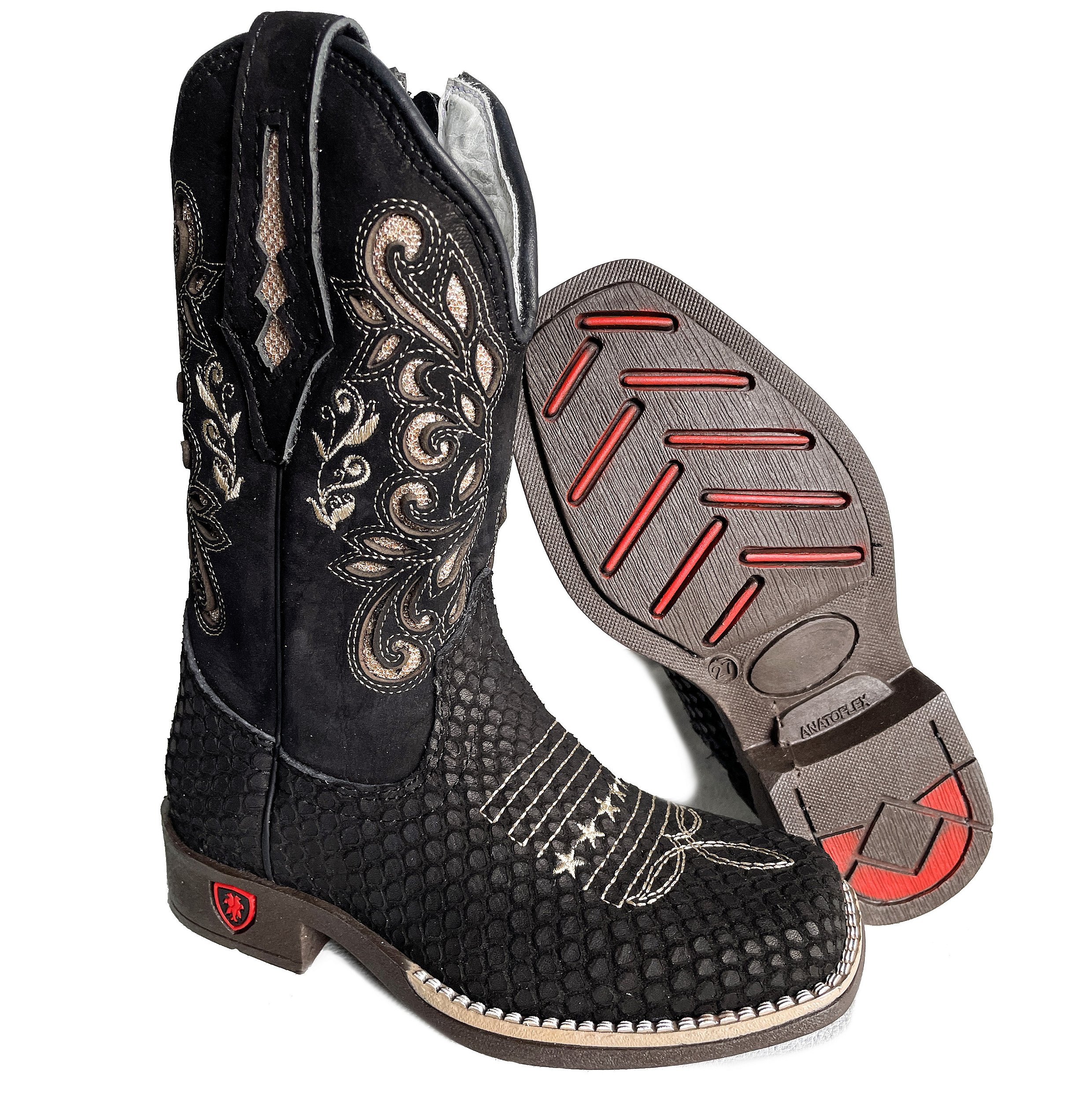 Bota Texana Infantil Feminina Estampa Tilapia Black Bico Quadrado ...
