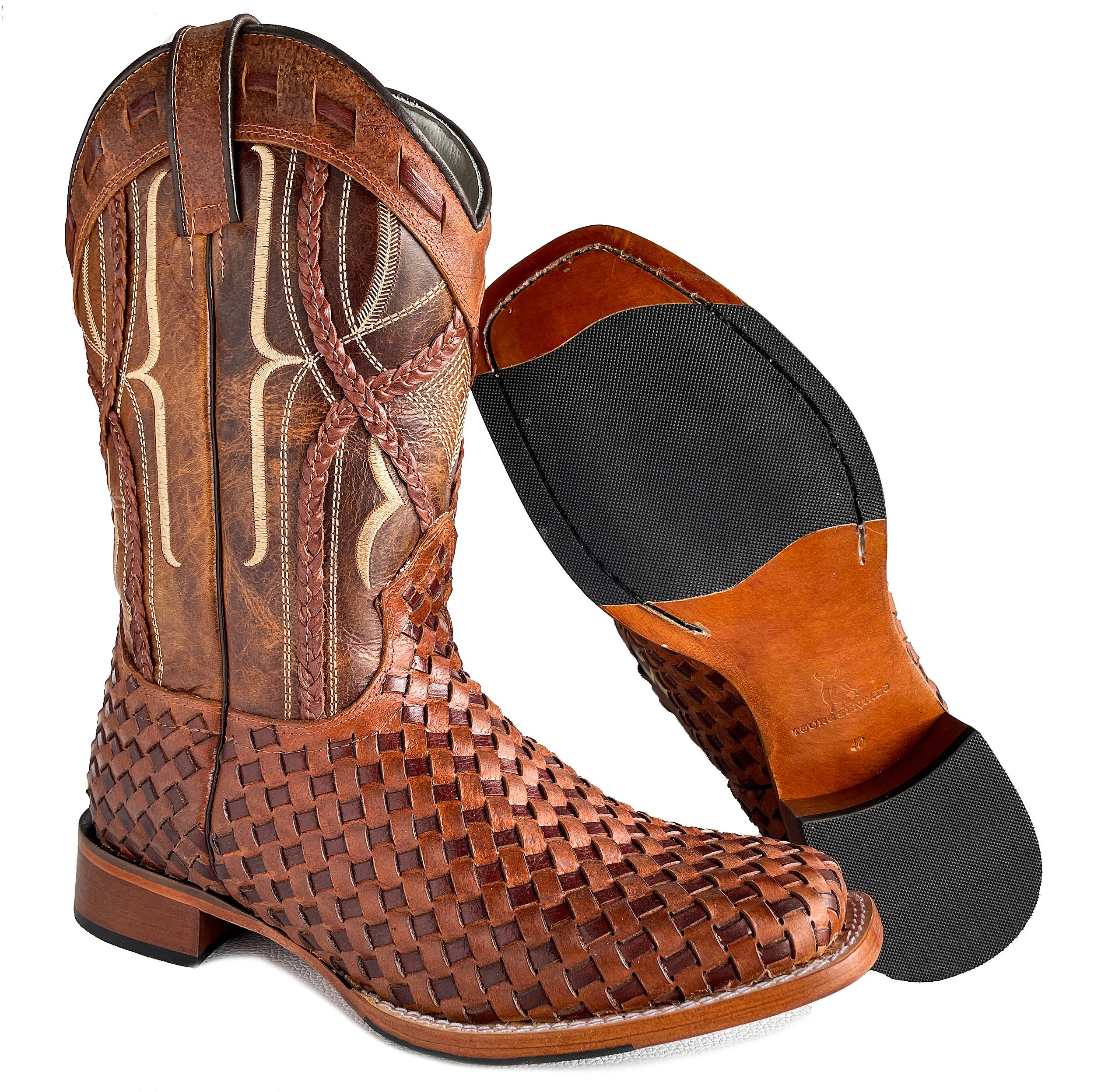 Bota Texana Touro Sentado Trisse Corda Sola de Couro Bico Quadrado ...