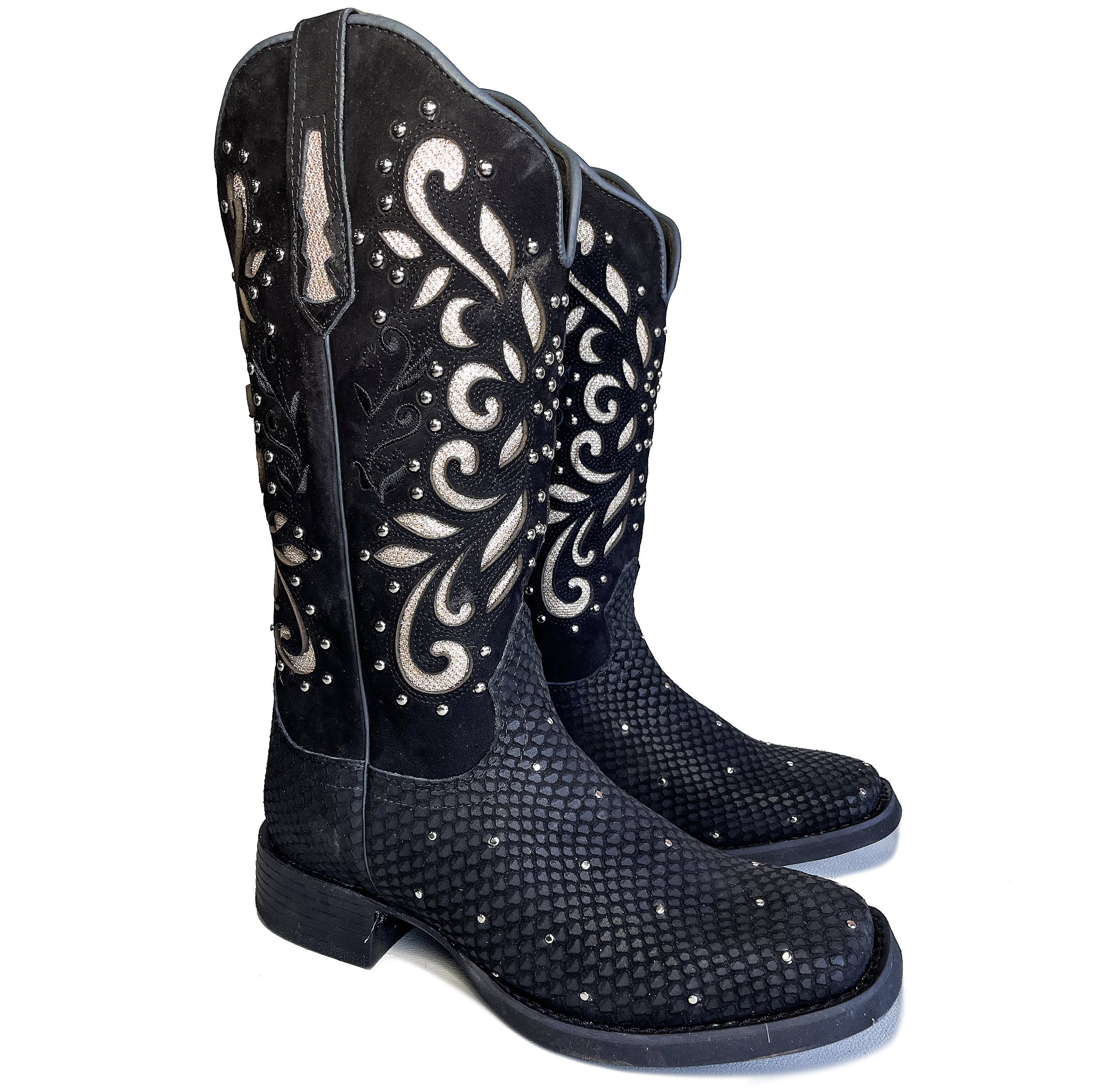 Bota Texana Feminina Touro Sentado Estampa Tilápia Black Bico Quadrado ...