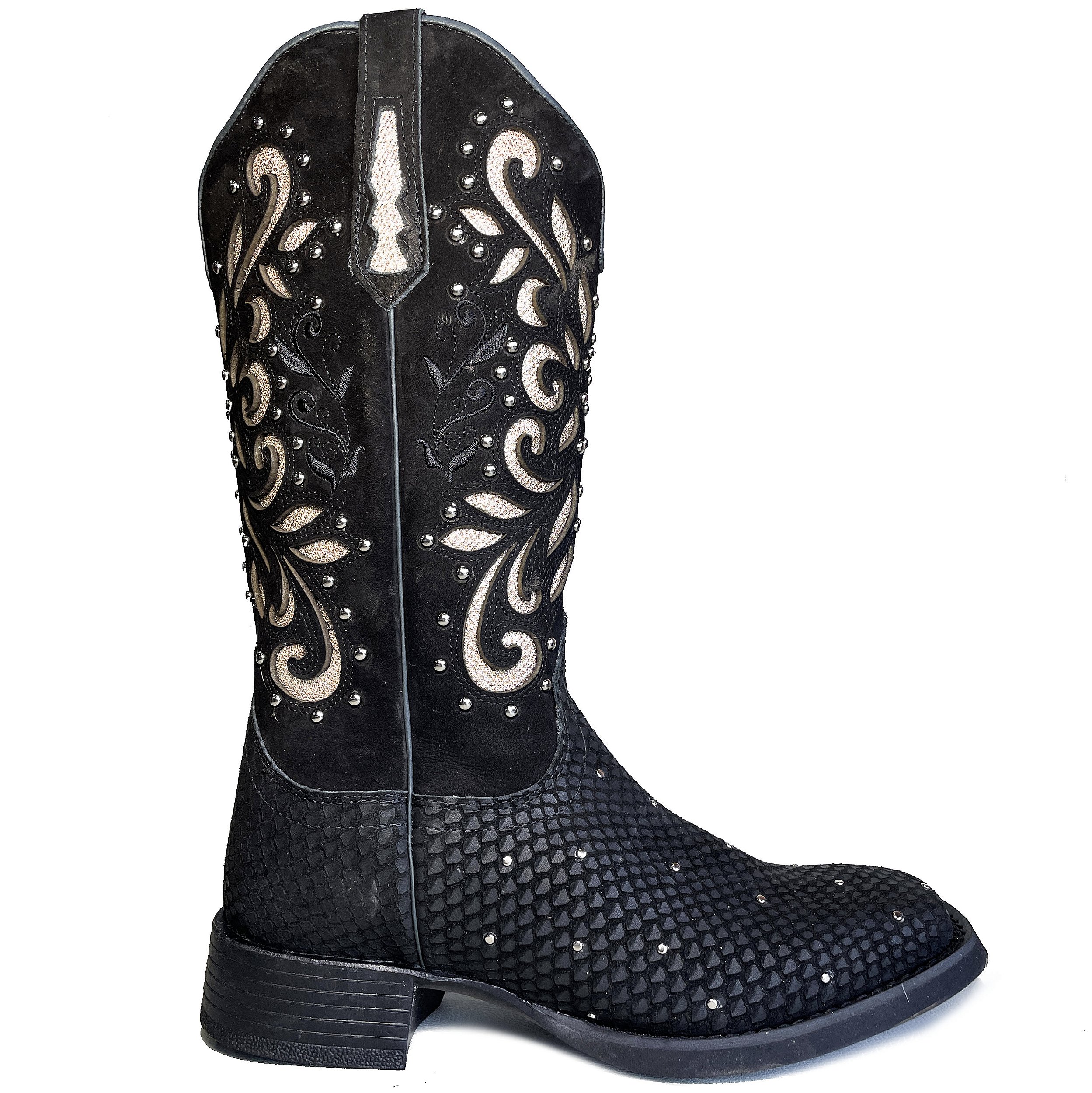Bota Texana Feminina Touro Sentado Estampa Tilápia Black Bico Quadrado ...