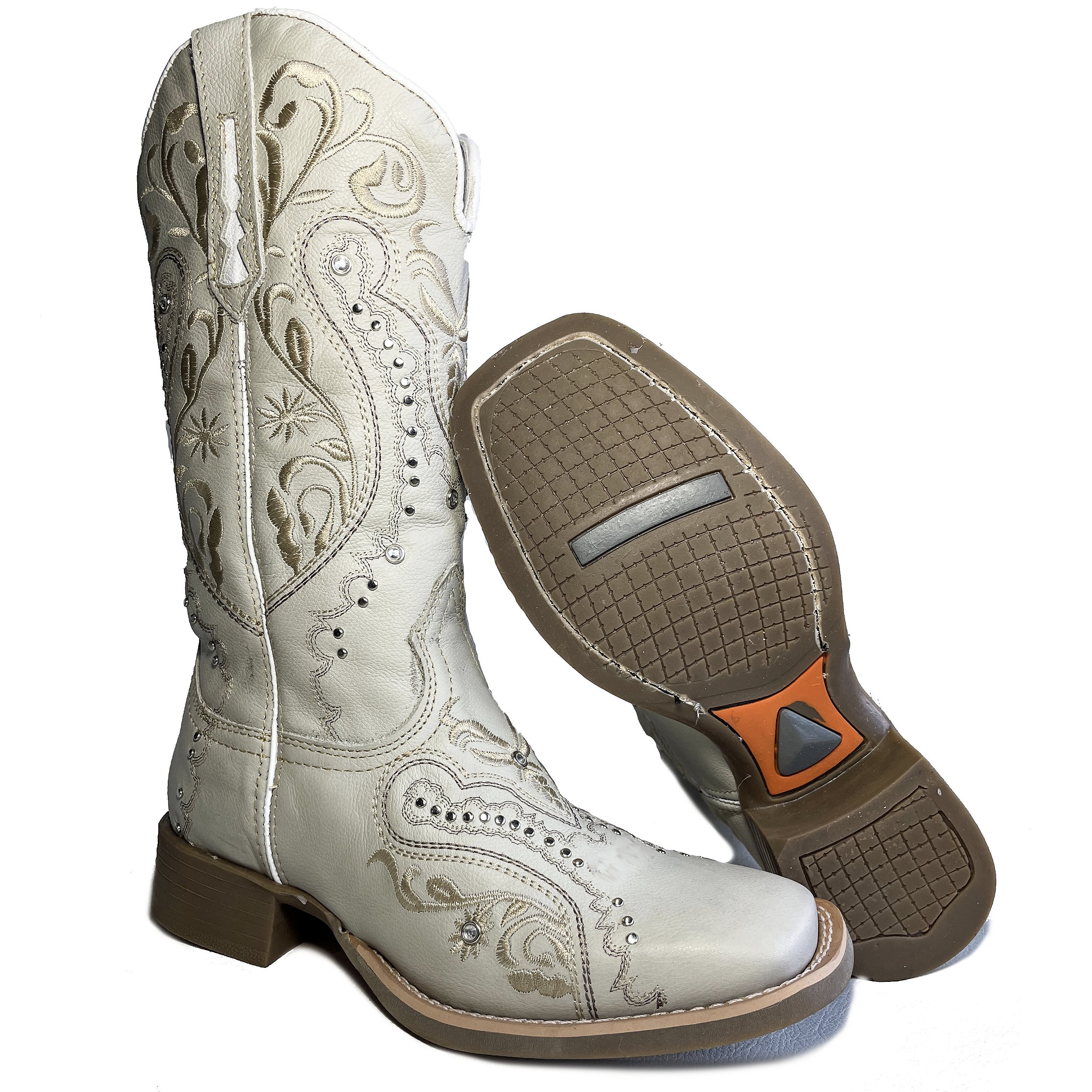 Bota Texana Feminina Creme Country Girl Sola Marrom Bico Quadrado ...