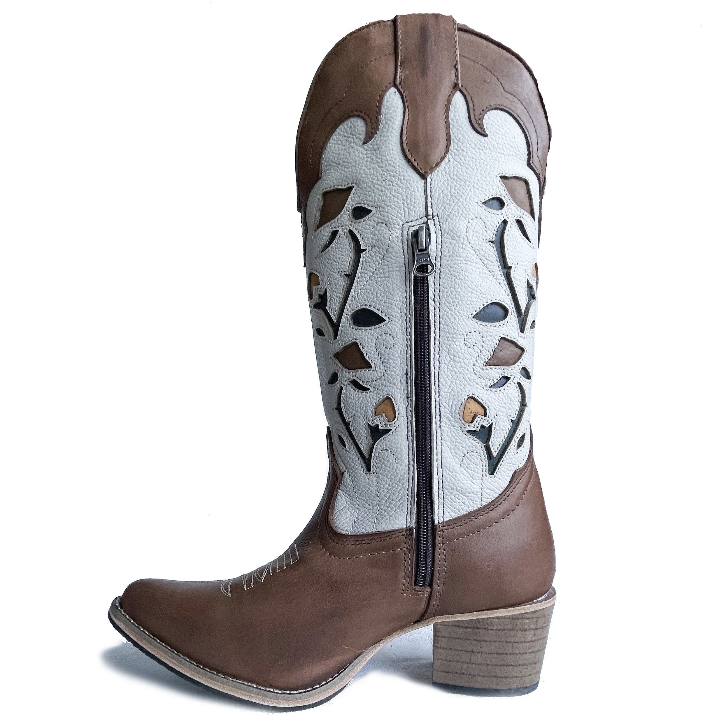 Bota Texana Feminina Touro Sentado Café e Creme Salto Madeira Bico Fin ...