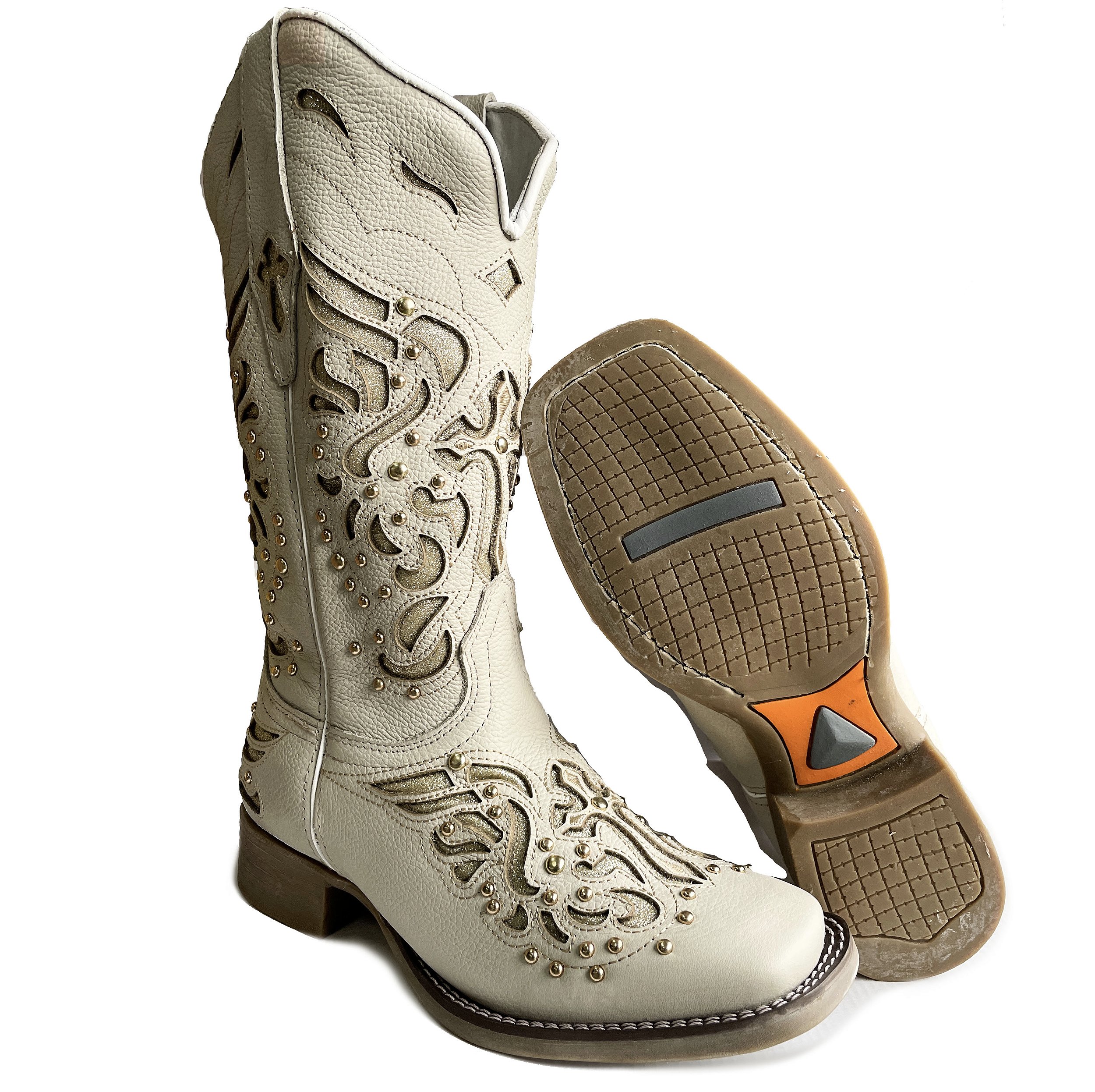 Bota Texana Feminina Laser Cruz Creme Glitter Ouro Bico Quadrado ...