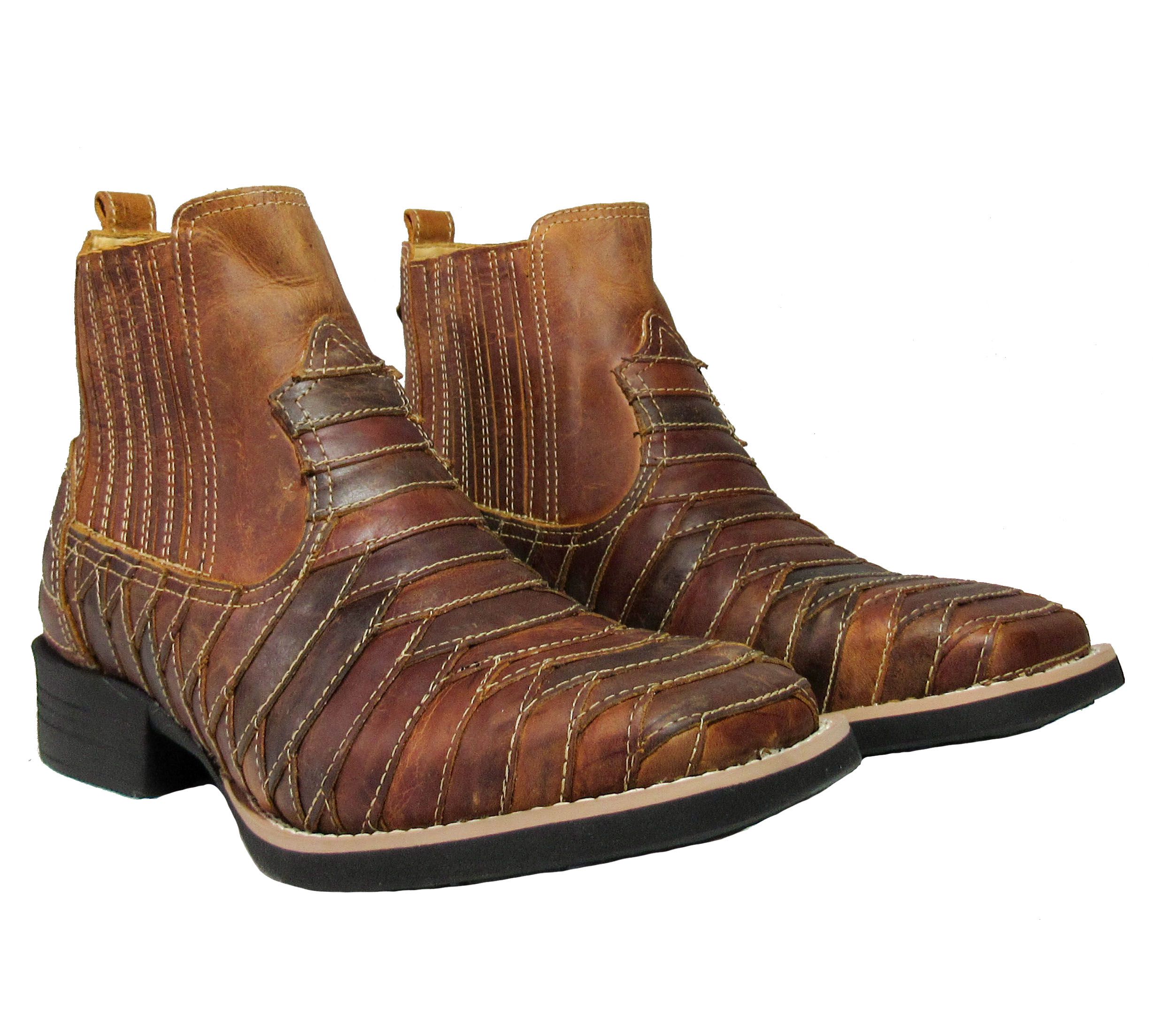 em Couro Botina Escamada Camel Bico Quadrado - Bruto Botas